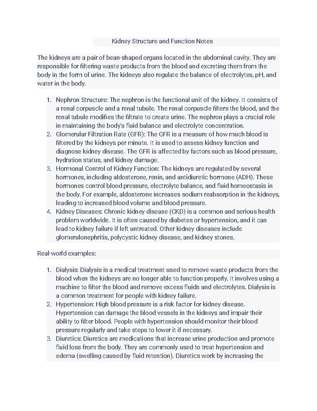 Kidney Structure and Function Notes - They are responsible for ...