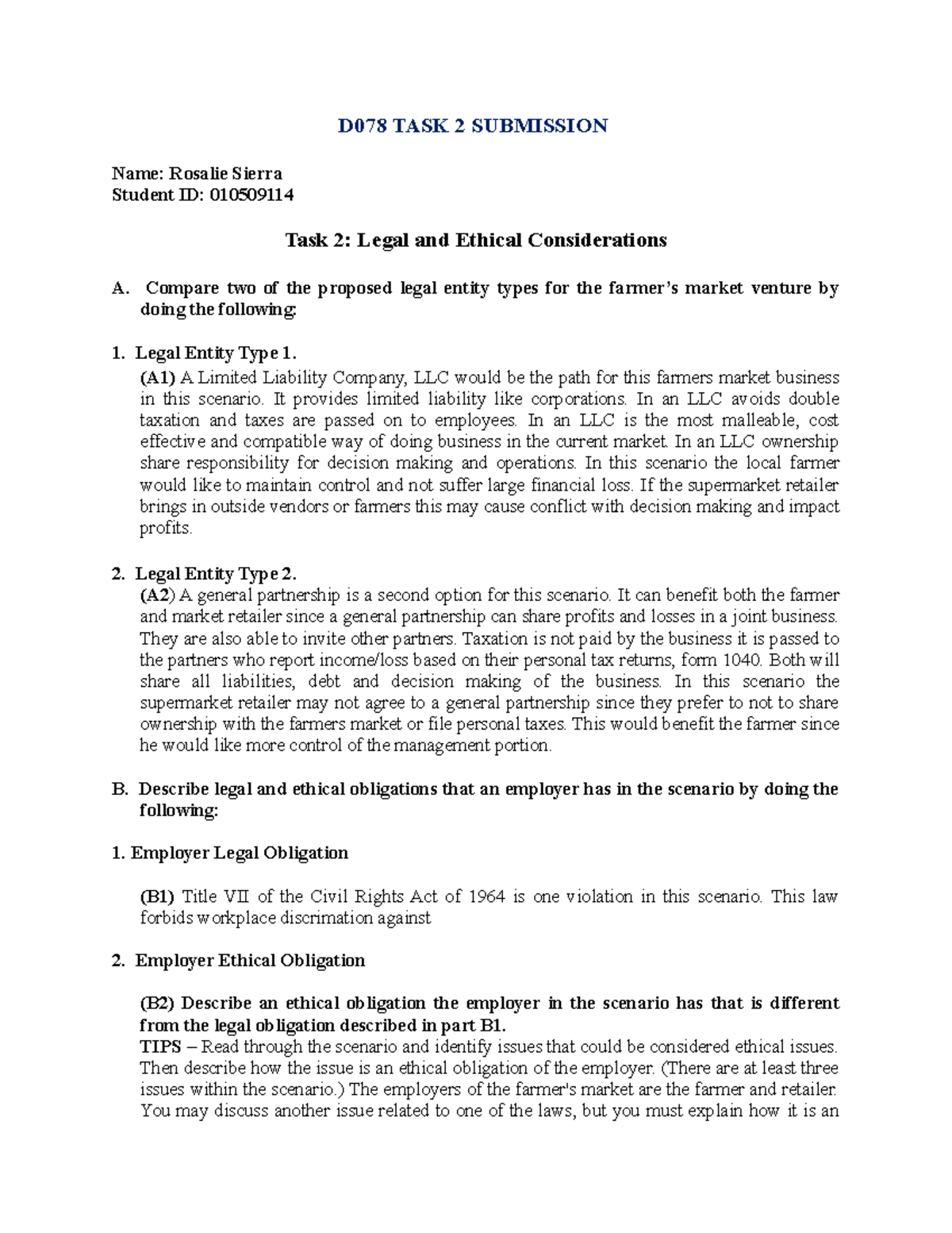 D078 Task 2: Legal and Ethical Considerations.PASSED - D078 TASK 2 ...
