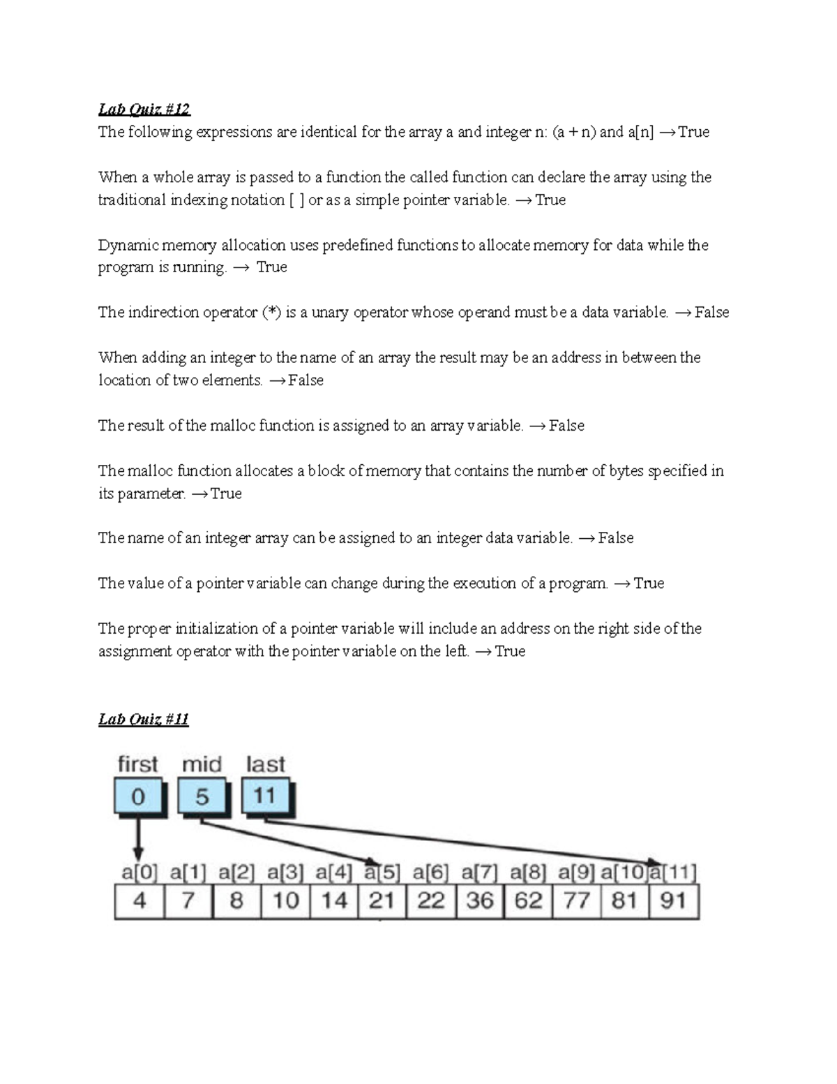 CS159 Final - useful information - Lab Quiz #12 The following ...
