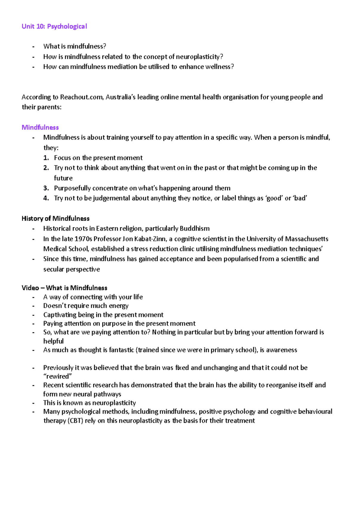 Unit 10 - Psychological - Unit 10: Psychological What is mindfulness ...