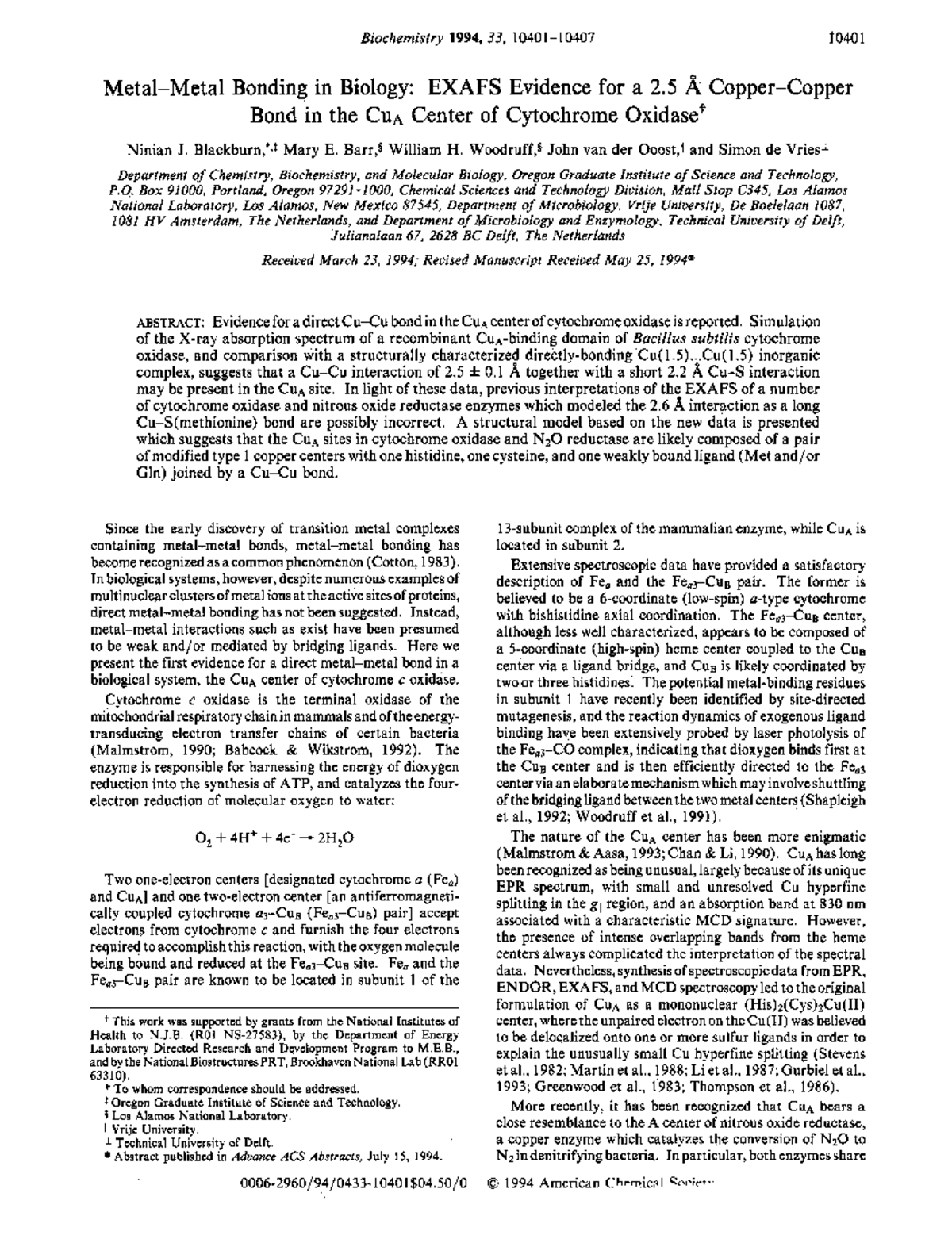 Metal-Metal Bonding in Biology Exafs Evidence for a 2.5 .ANG. Copper ...