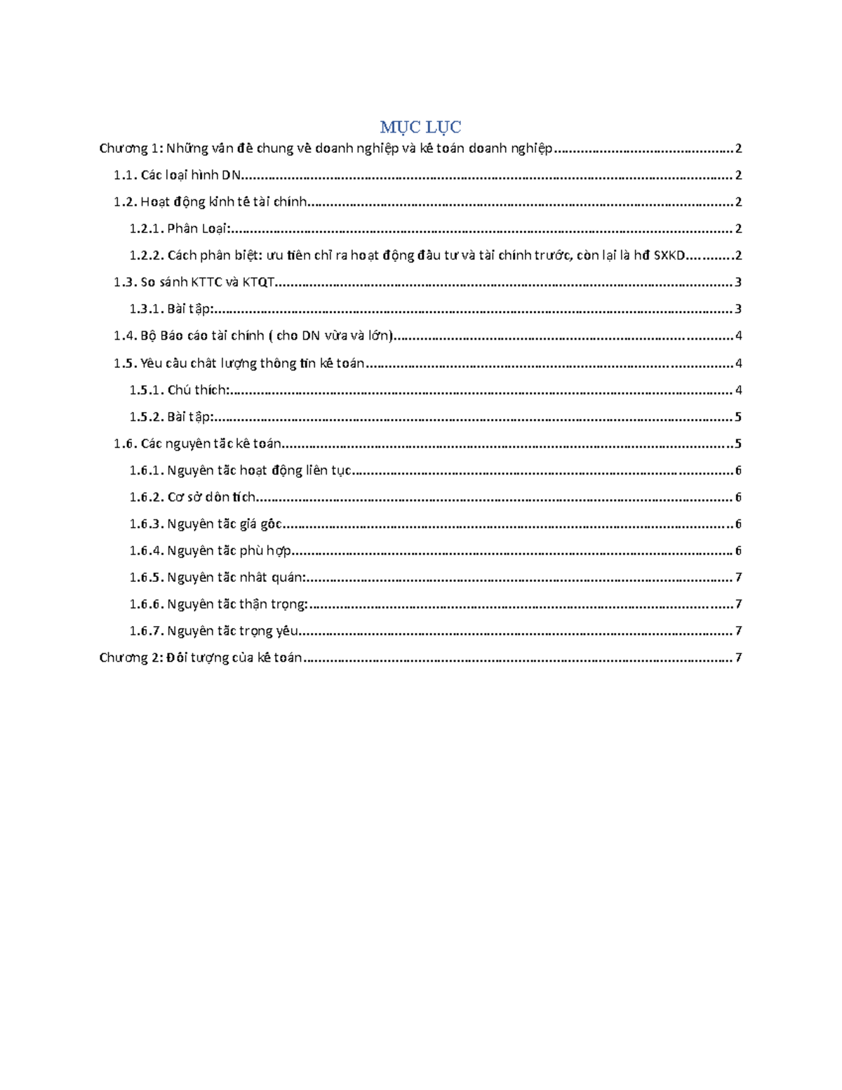 Vở ghi - Chương 1 - MỤC LỤC Chươữệệng 1: Nh ng vấấn đềề chung vềề doanh nghi p và kềấ toán doanh ...
