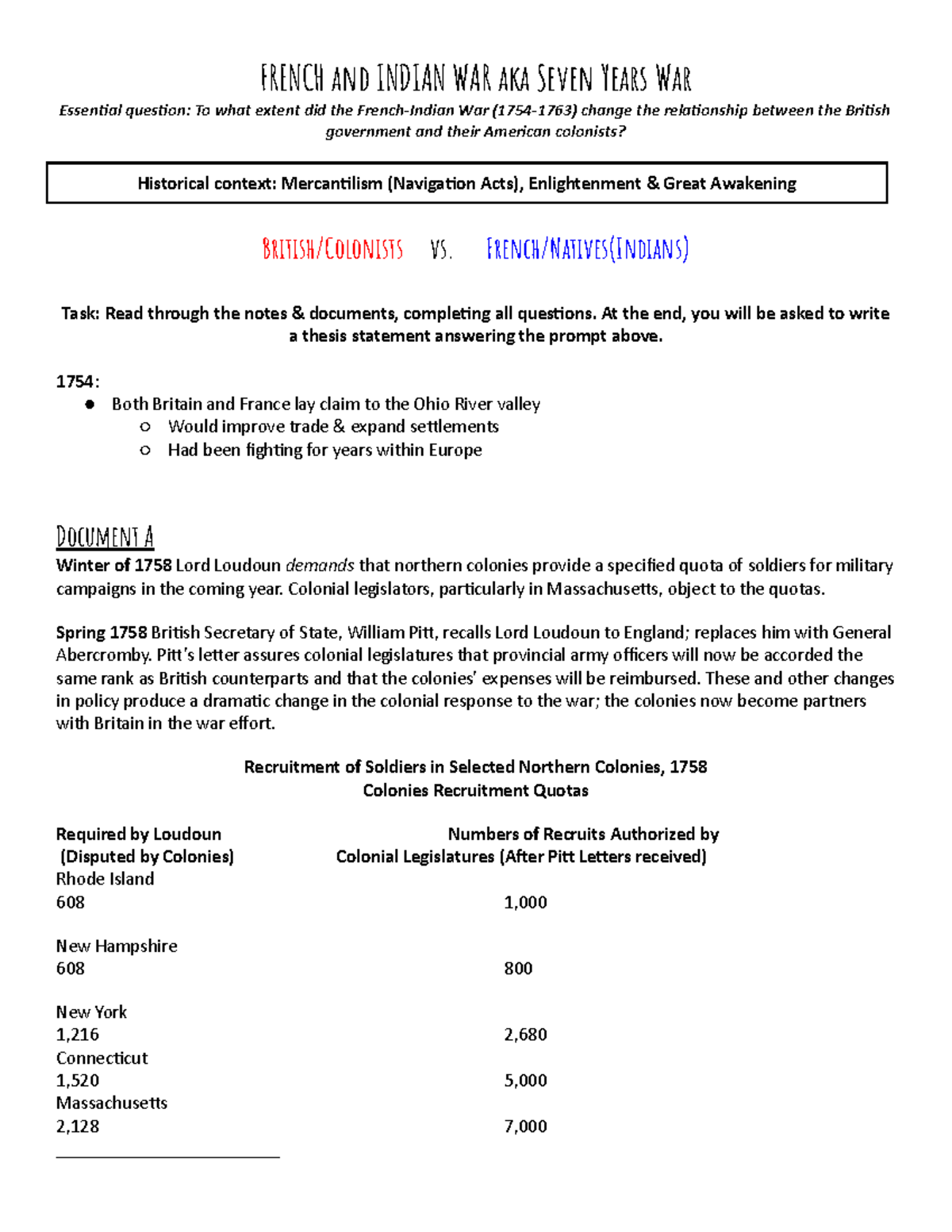 French & Indian War Activity - Option - FRENCH and INDIAN WAR aka Seven ...