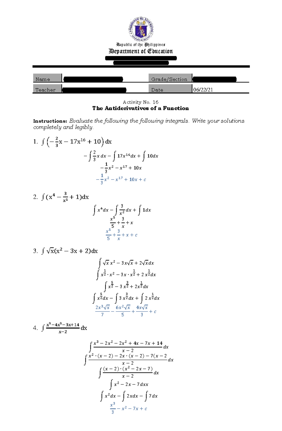 Basic Calculus - Activity - Republic of the Philippines Department of ...