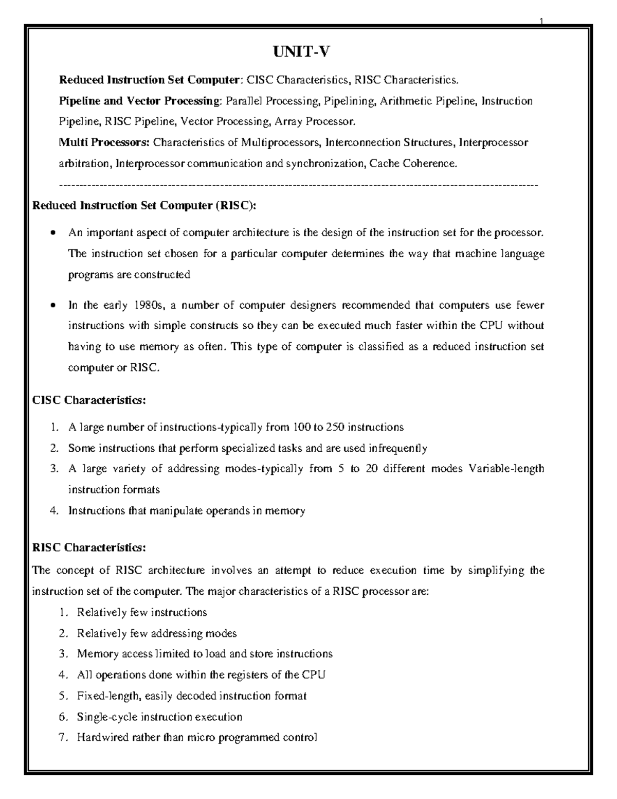 coa unit 5 full - UNIT-V Reduced Instruction Set Computer: CISC ...