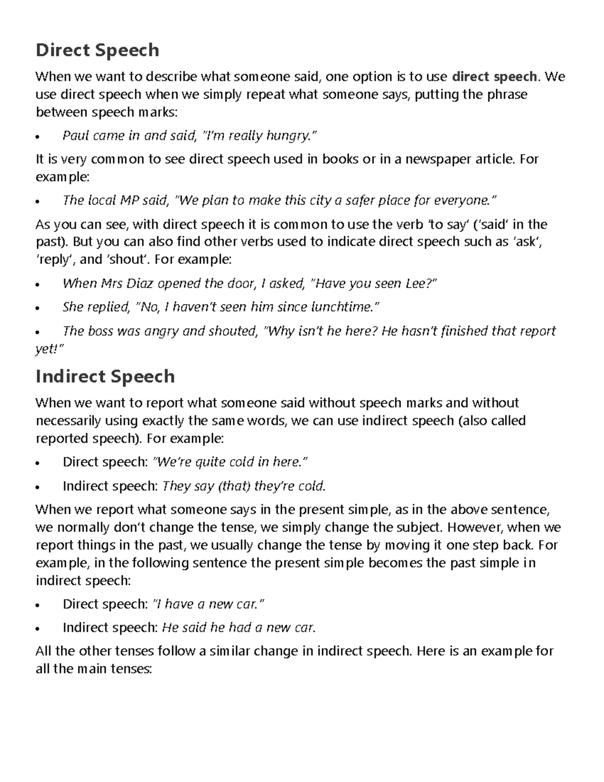 Direct Speech Indirect - Direct Speech When we want to describe what ...