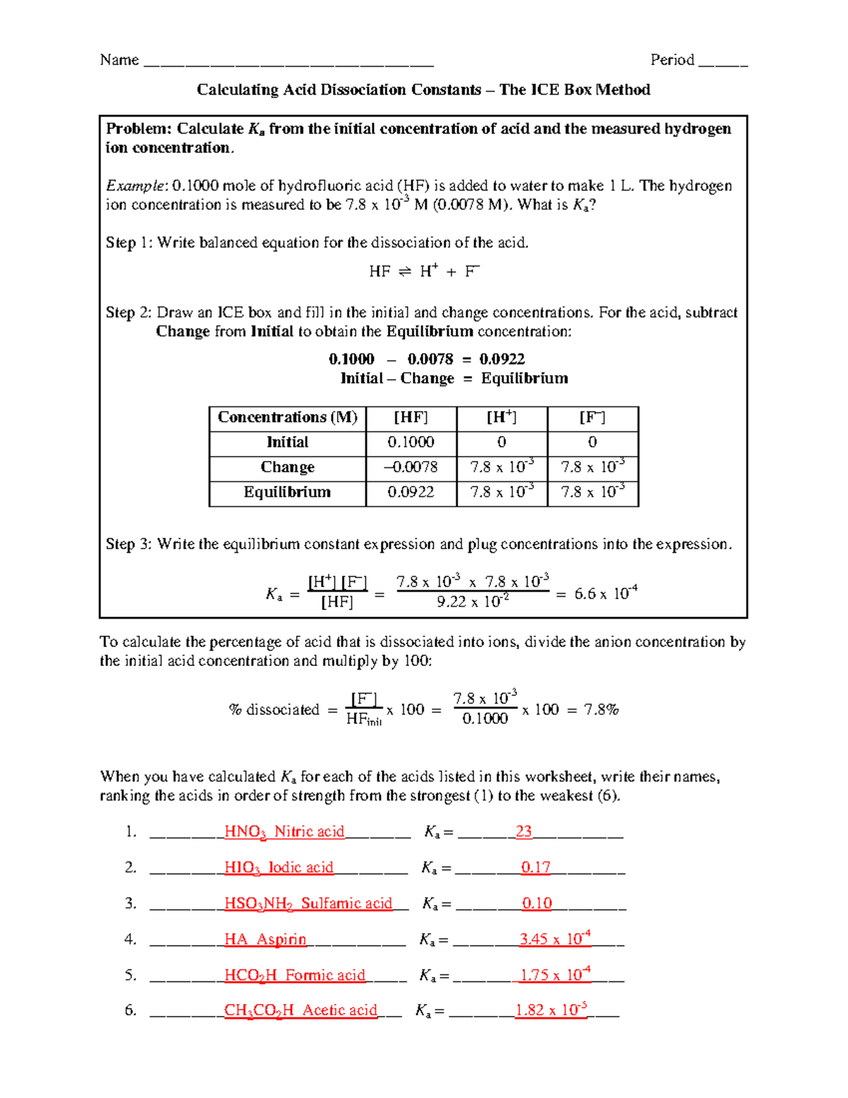 Worksheet - Acid Dissociation - Answers - Name ...