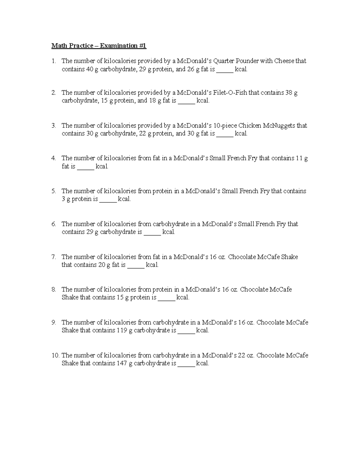 Nutritional math - math for nutrition - Math Practice – Examination ...
