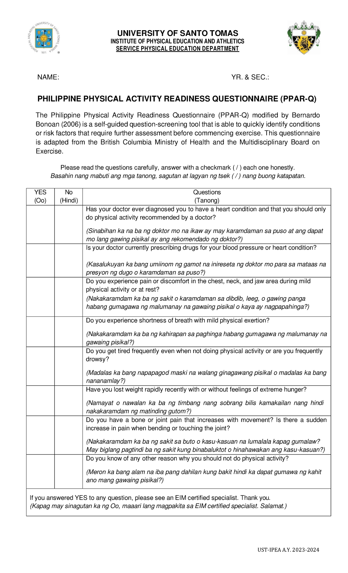 PPAR-Q & Student AND Teacher Release FORM - UNIVERSITY OF SANTO TOMAS ...