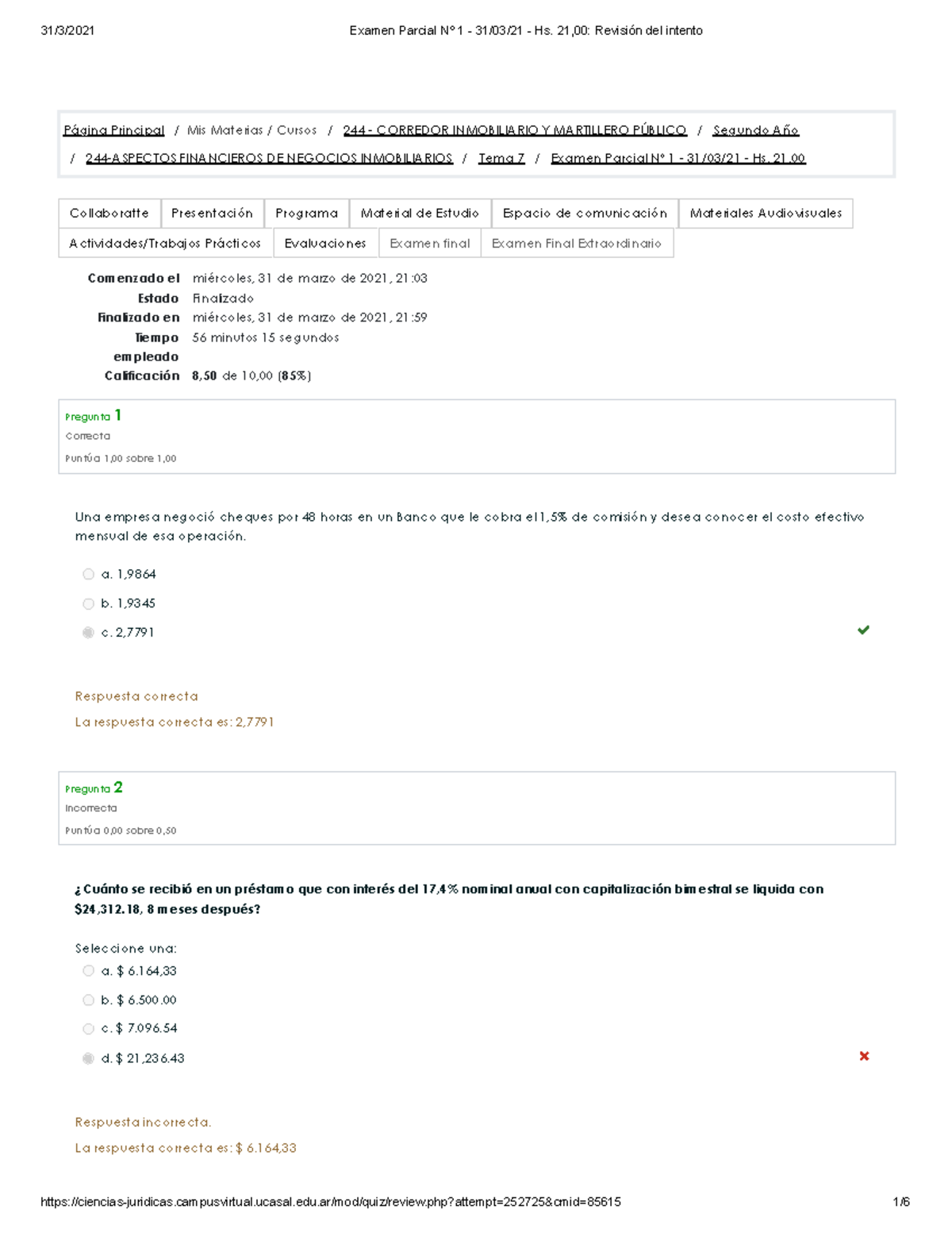Examen Parcial Nº 1 - 31 03 21 - Hs. 21,00 Revisión del intento ...