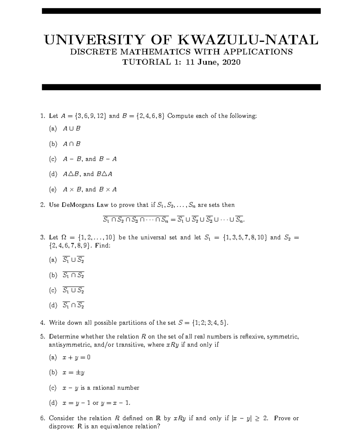 Math236 TUT1 MATH236 - Discrete Mathemtatics with Applications Tutorial Tut UKZN Lecture Slides ...
