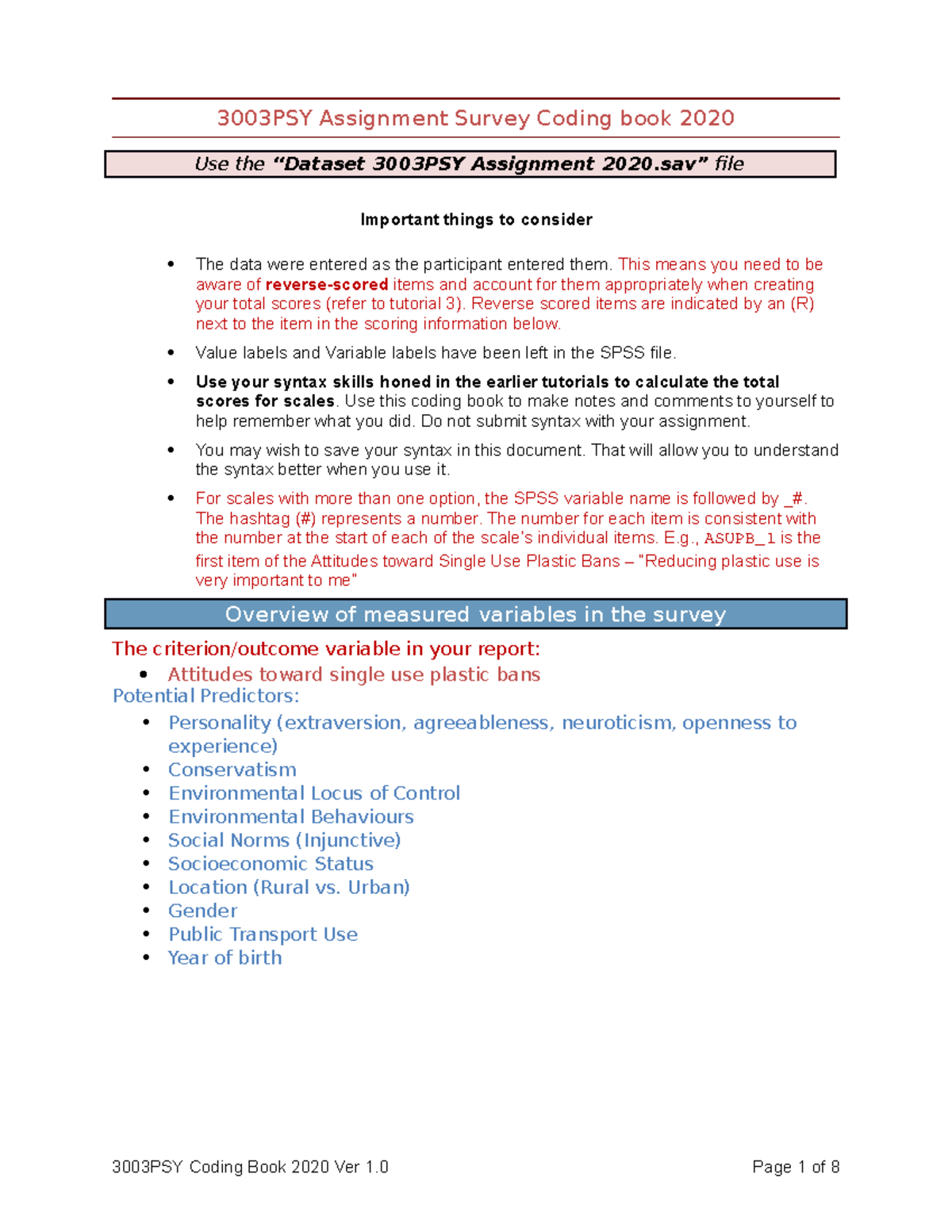 3003PSY Assignment Survey Coding Book 2020 v2 - This means you need to ...