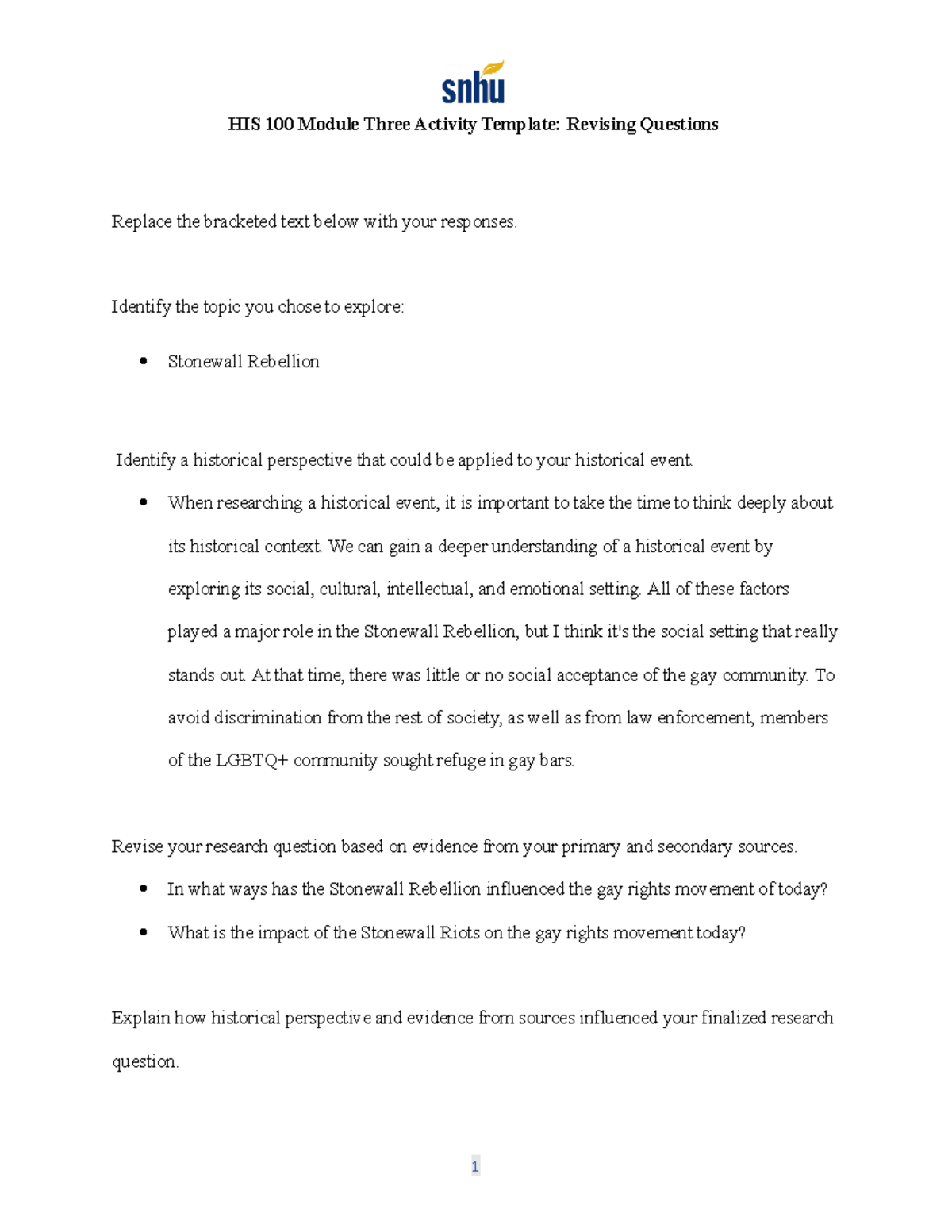HIS 100 Module Three Activity Revising Questions Template - HIS 100 ...