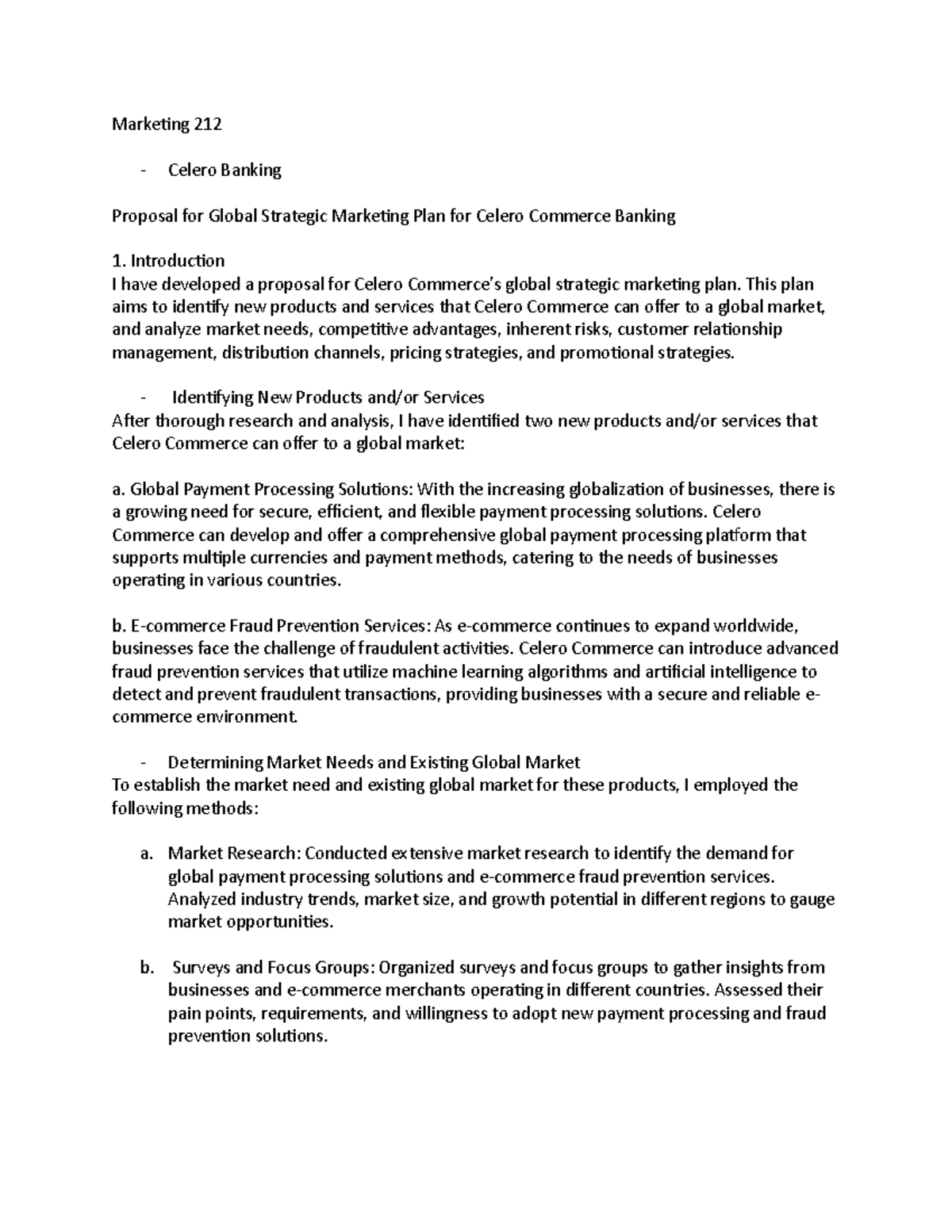 Marketing 212 - Marketing 212 Celero Banking Proposal for Global ...