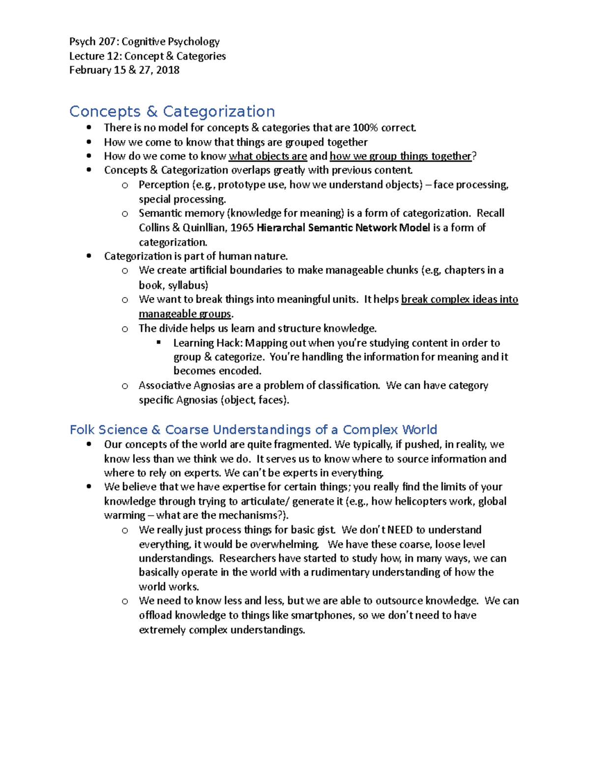 Psych 207 - Lecture 12 - Concepts & Categories - Lecture 12: Concept ...