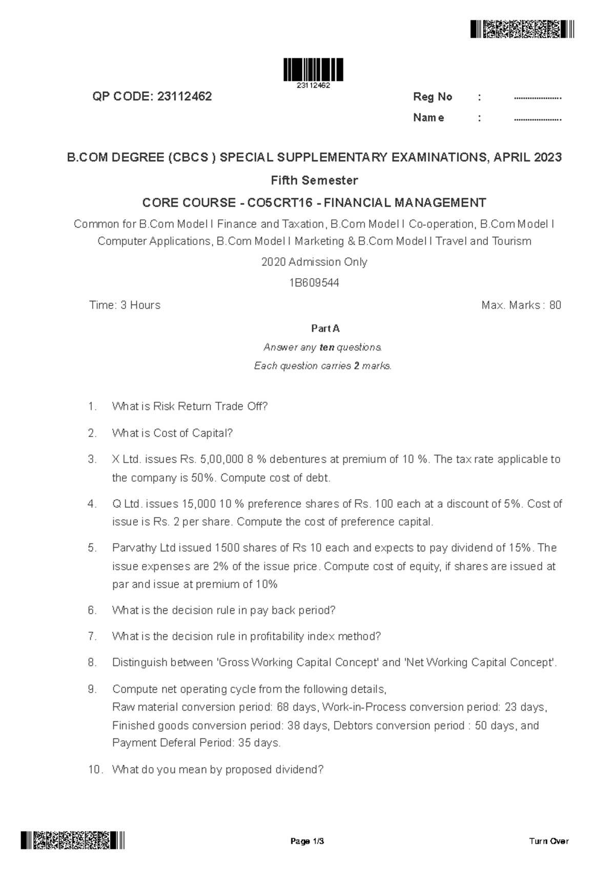 Financial management - Fm question paper - QP CODE: 23112462 Reg No : ..................... Name ...