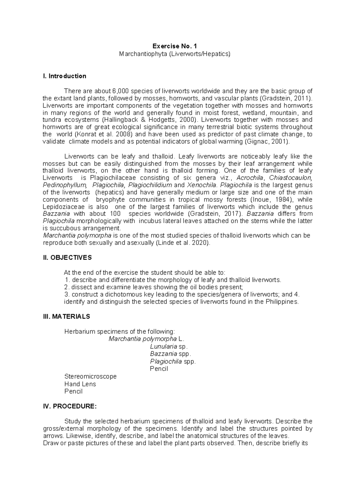 Ex - Bio - Exercise No. 1 Marchantiophyta (Liverworts/Hepatics) I ...