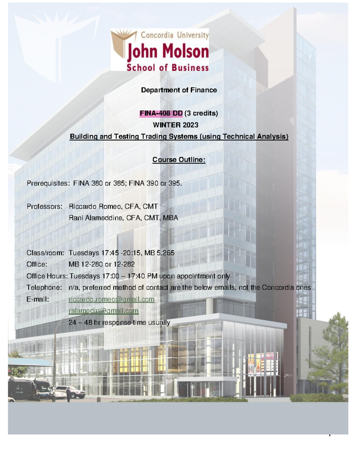 Course outline - Winter 2023 DD - Tuesday - Department of Finance FINA ...