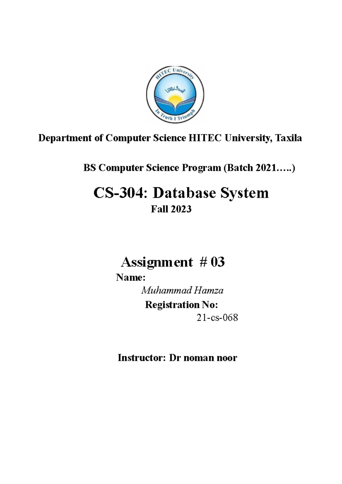 Assignment 03 dbms - Department of Computer Science HITEC University ...