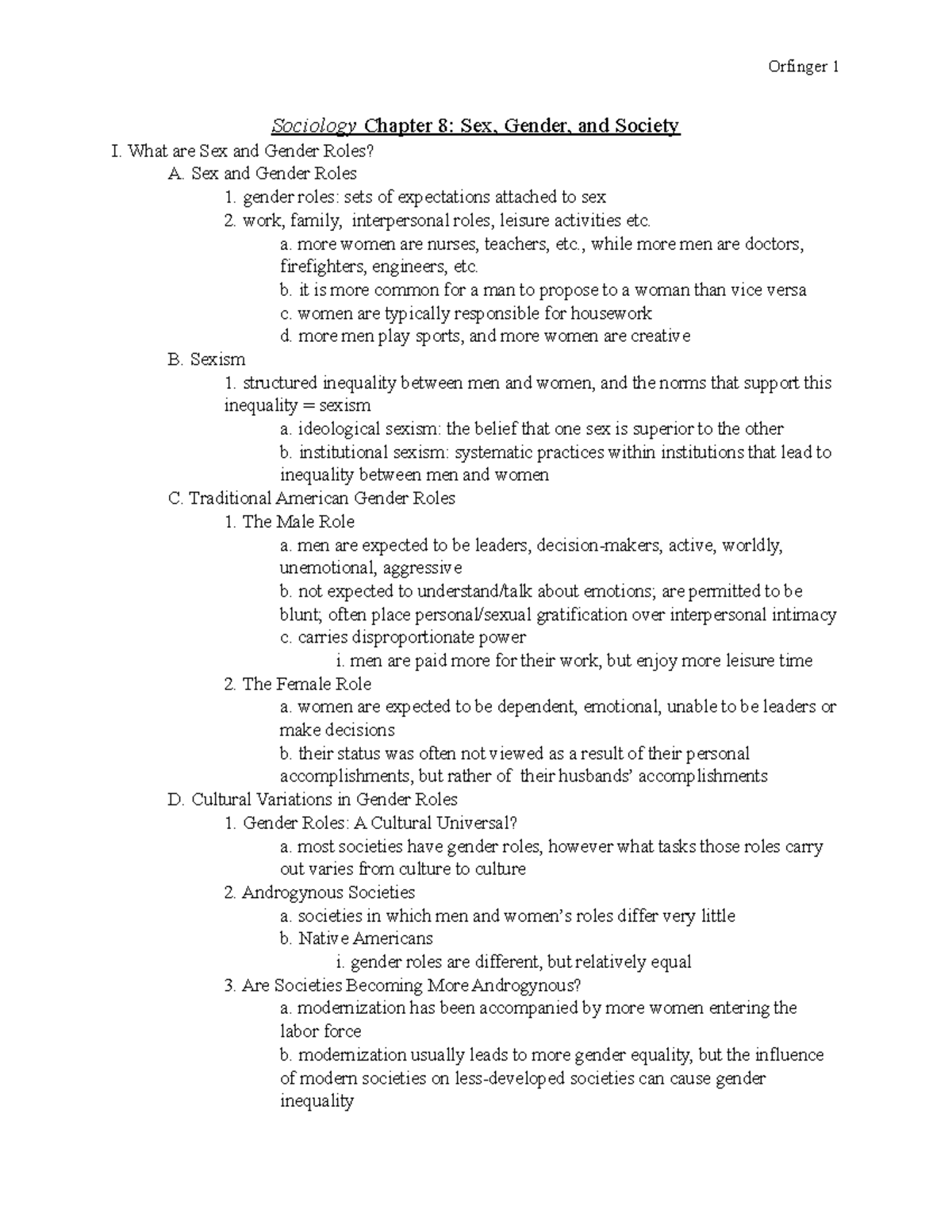 Chapter 8 outline - Orfinger 1 Sociology Chapter 8: Sex, Gender, and ...