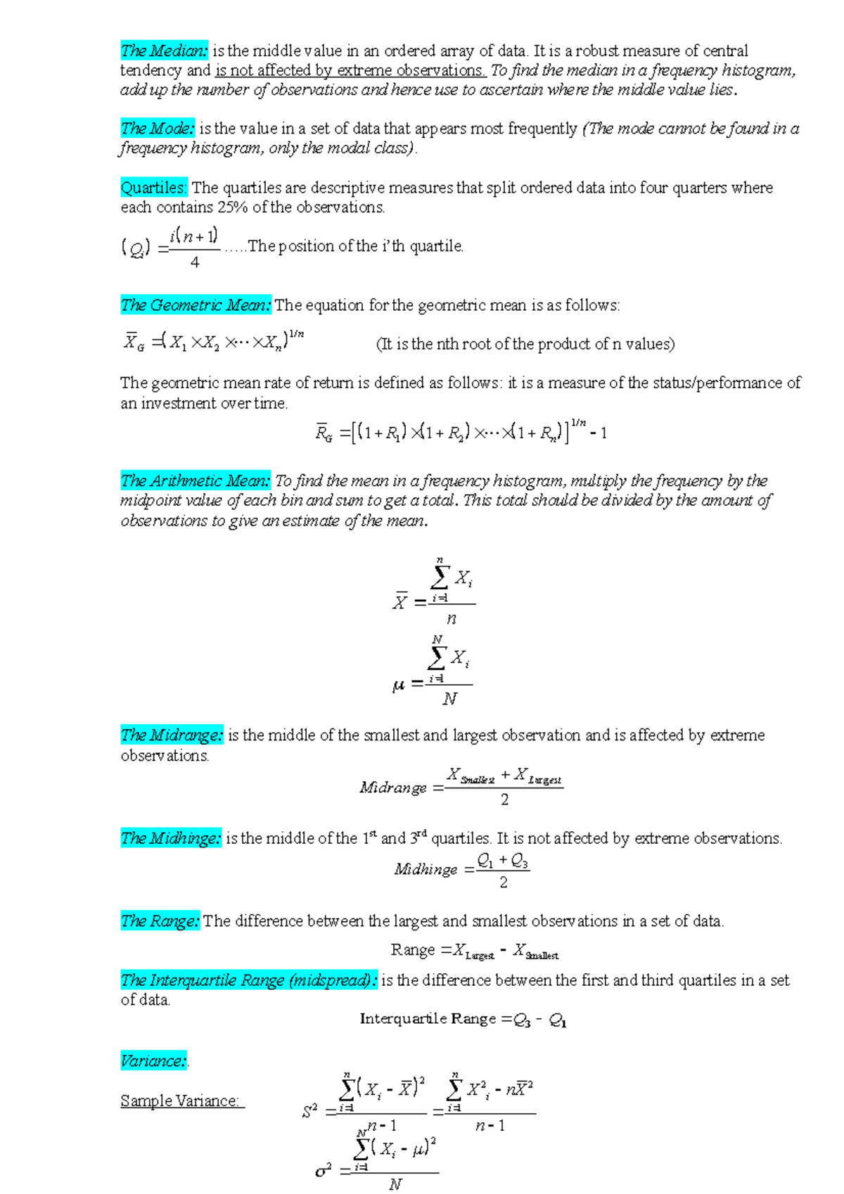 Statistics Exam Notes Based On Lectures - Introduction To Statistics ...