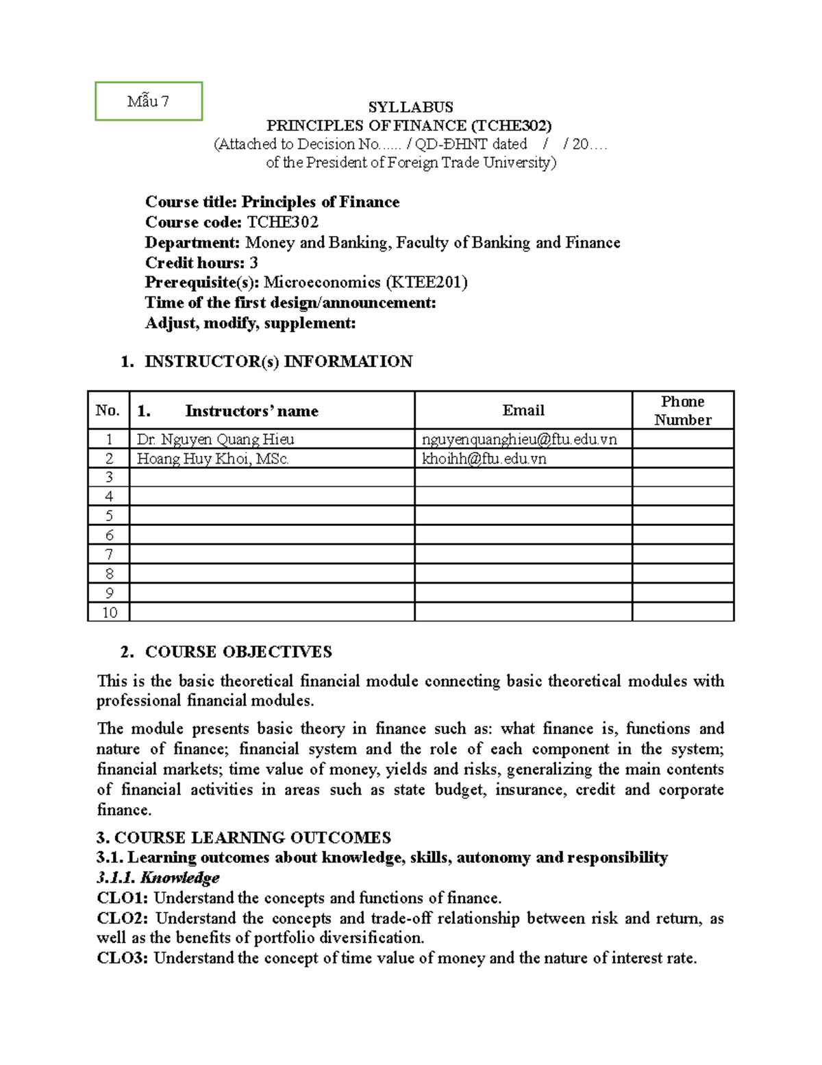Syllabus TCHE302 - Principles of Finance - SYLLABUS PRINCIPLES OF ...
