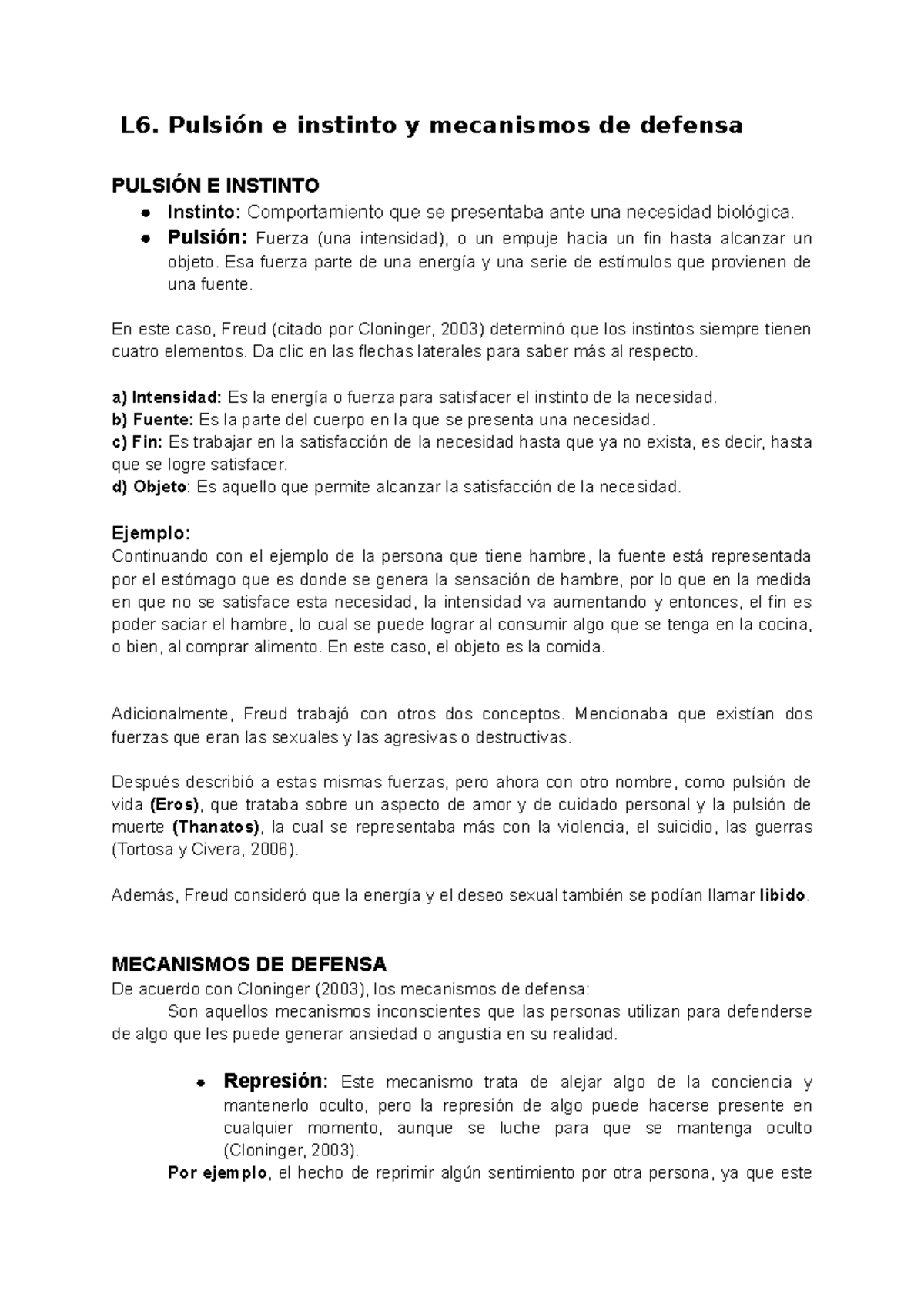 Corrientes psicológicas L6. Pulsión e instinto y mecanismos de defensa ...