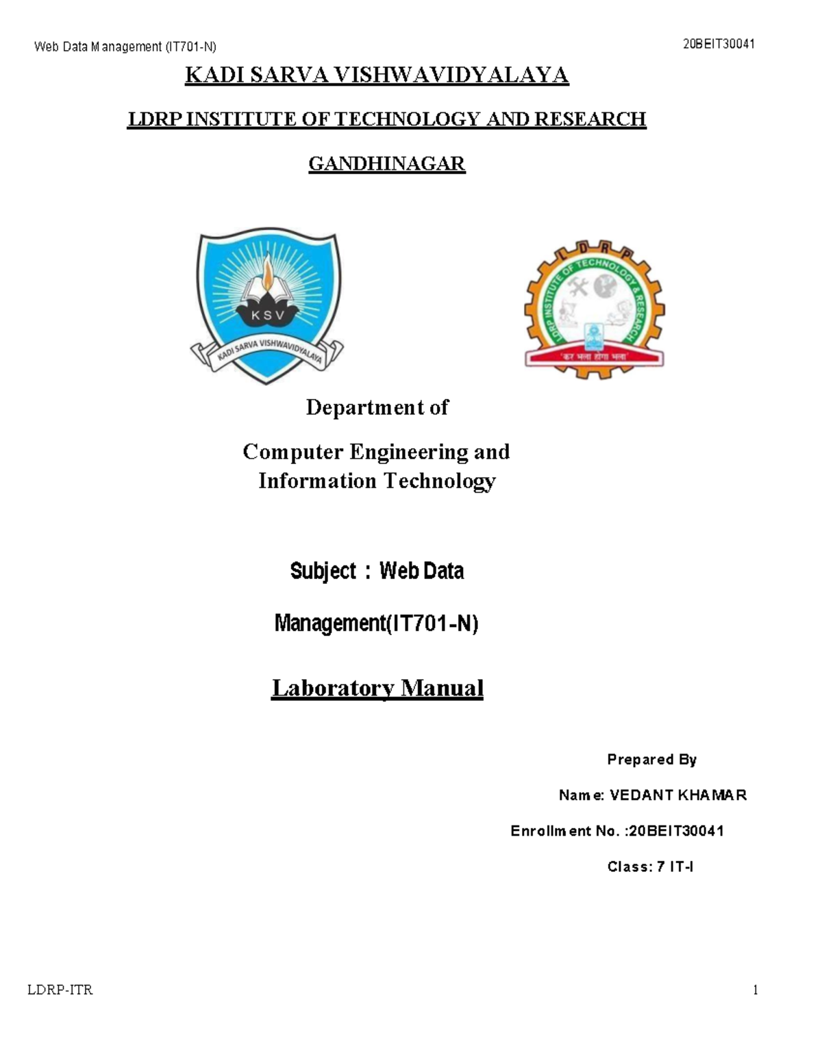 WDM Practical for ldrp - LDRP-ITR 1 KADI SARVA VISHWAVIDYALAYA LDRP INSTITUTE OF TECHNOLOGY AND ...