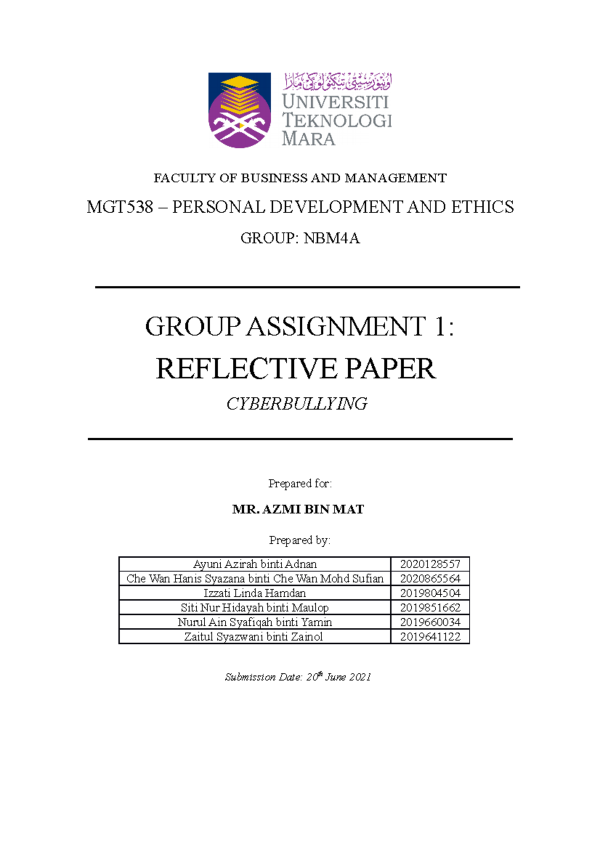 MGT538 Group Assignment Reflective Paper - FACULTY OF BUSINESS AND ...