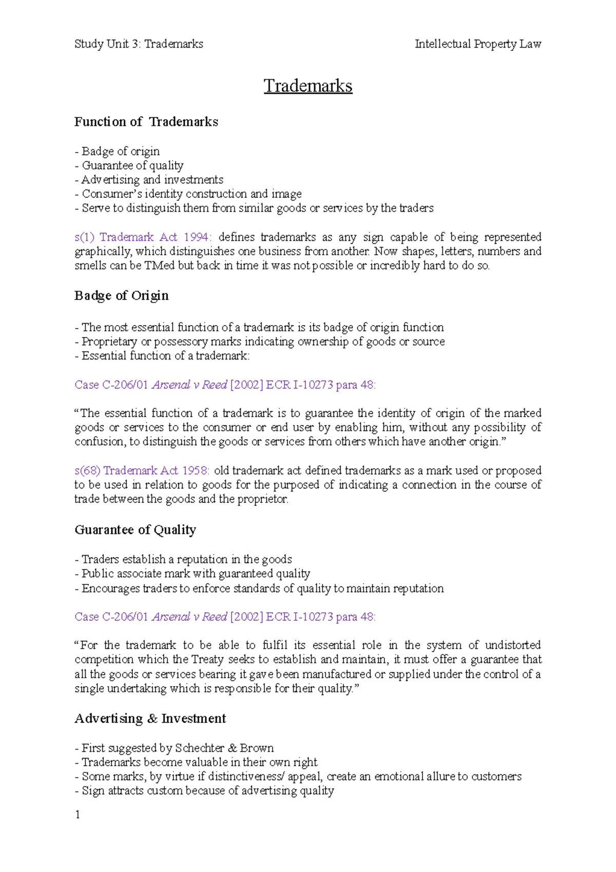 Trademarks Notes - Unit 3 - Trademarks Function of Trademarks Badge of ...