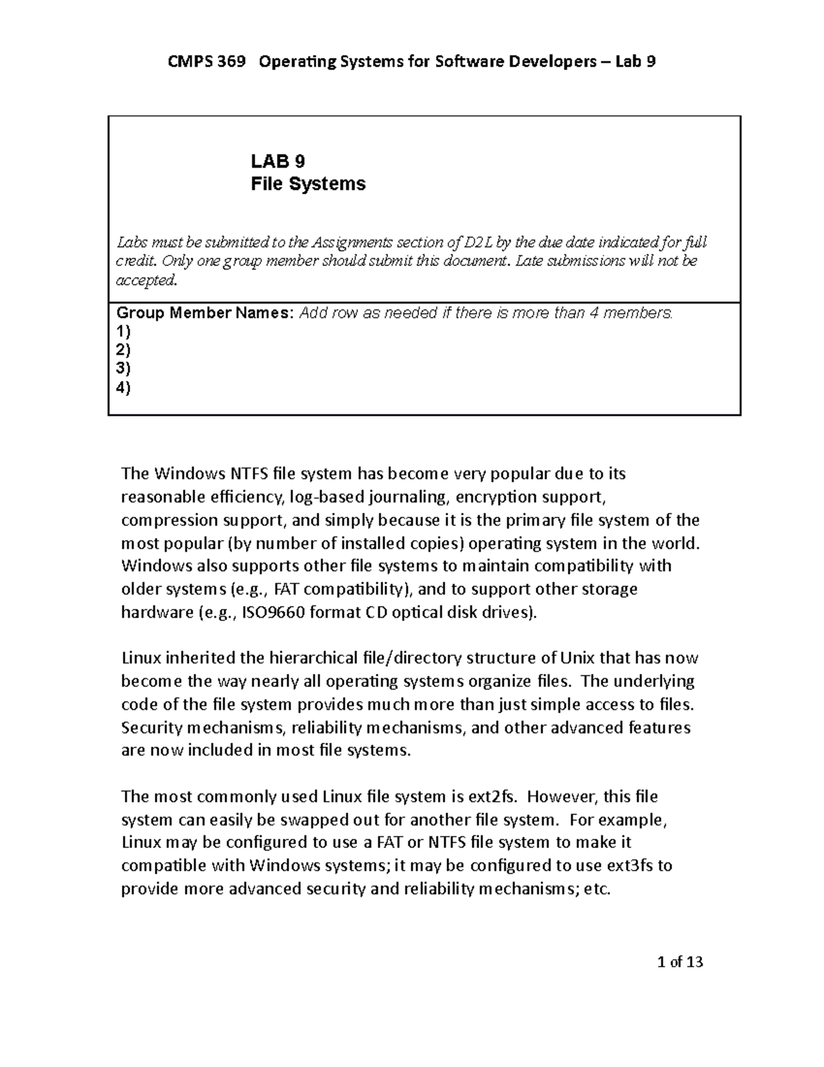 CMPS369Lab9File Systems - LAB 9 File Systems Labs must be submitted to ...