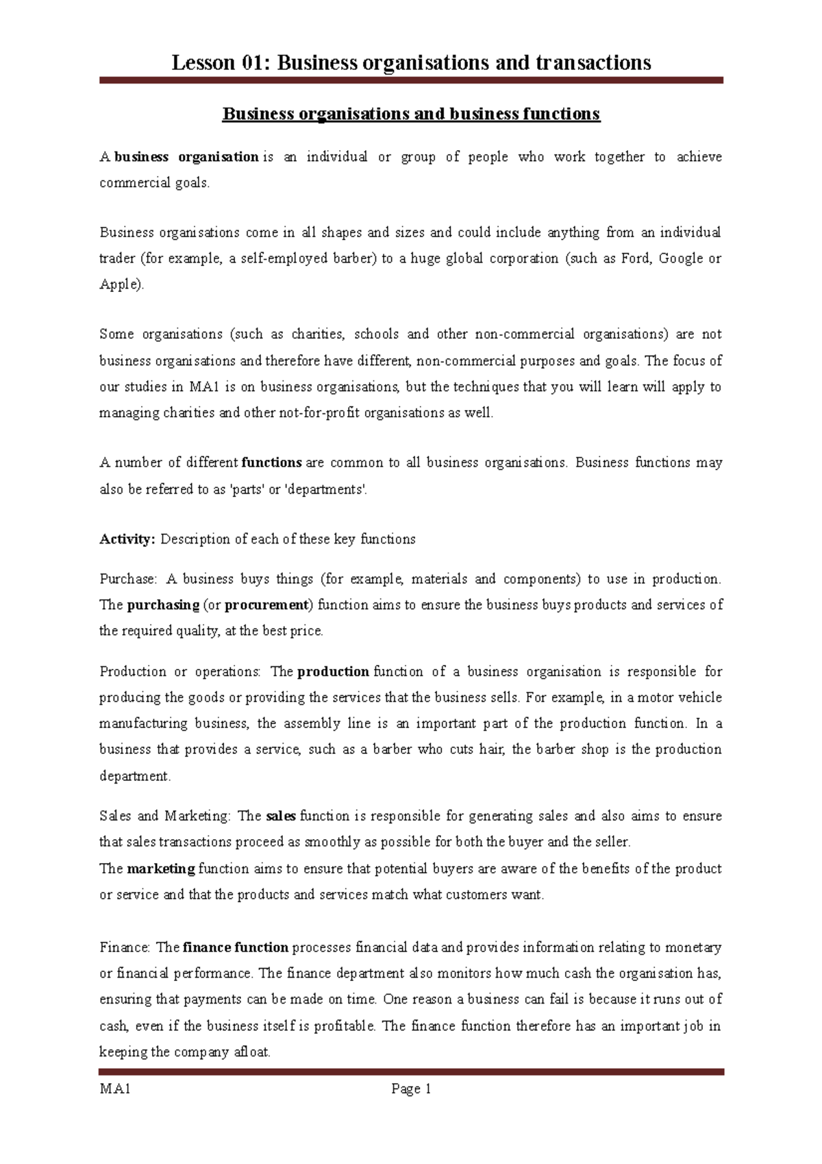 Unit 1 - Business Organisation - Business organisations and business ...