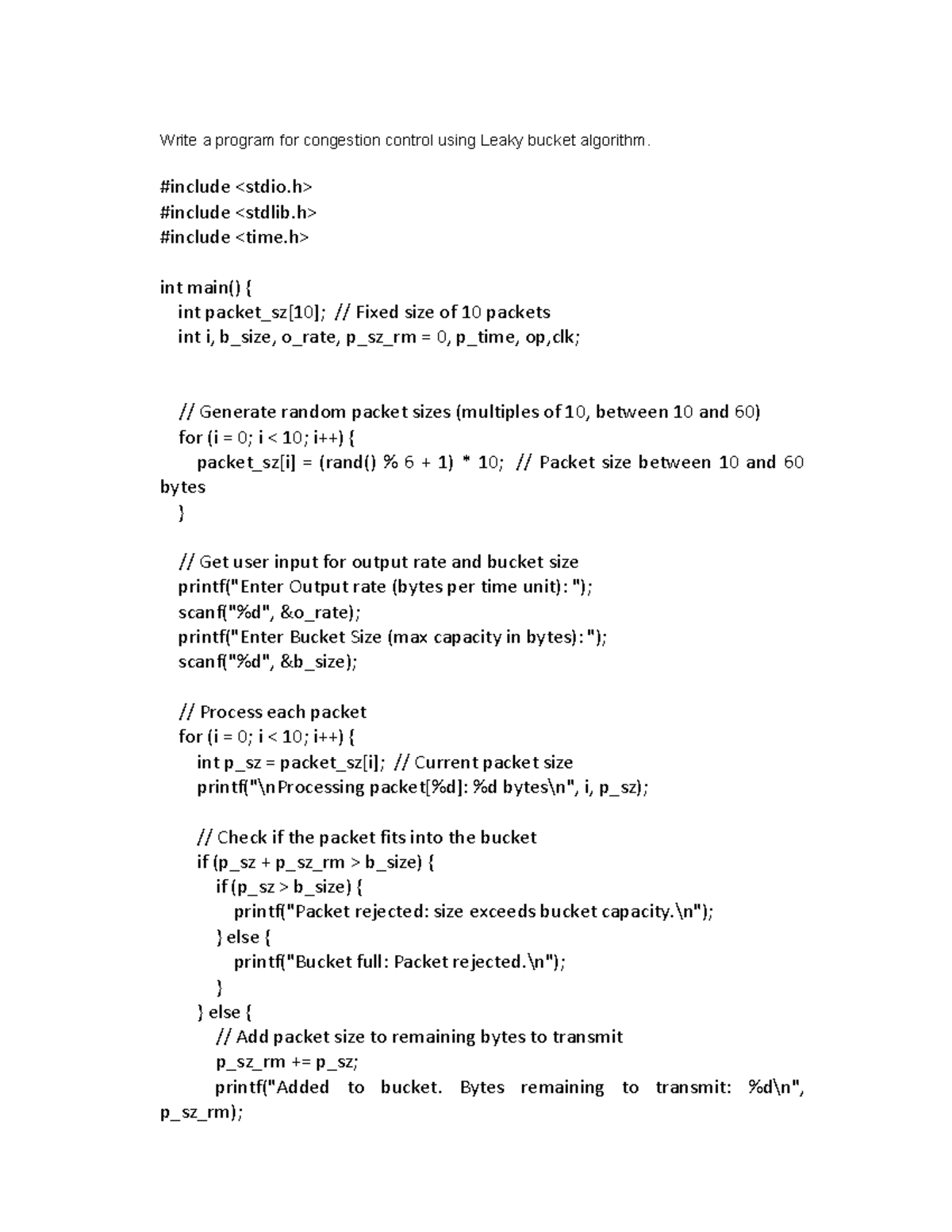 Week8 leaky Bucket - Asd - Write a program for congestion control using Leaky bucket algorithm ...