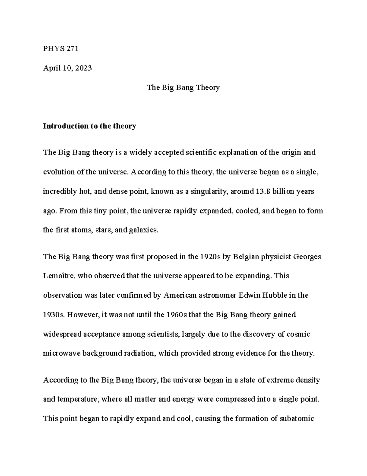 Astronomy Big Bang Theory 4 10 23 - PHYS 271 April 10, 2023 The Big ...