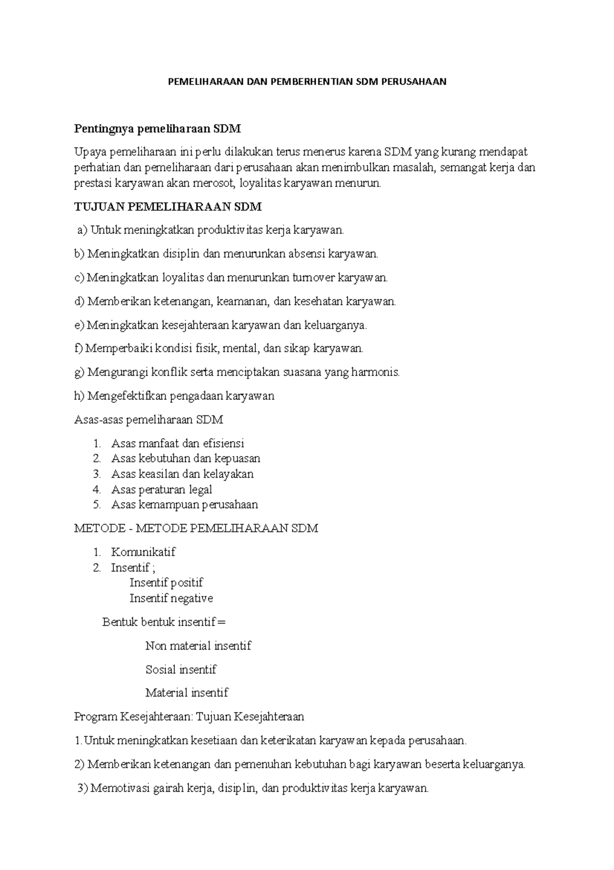 Resume Pemeliharaan DAN Pemberhentian SDM Perusahaan - PEMELIHARAAN DAN ...