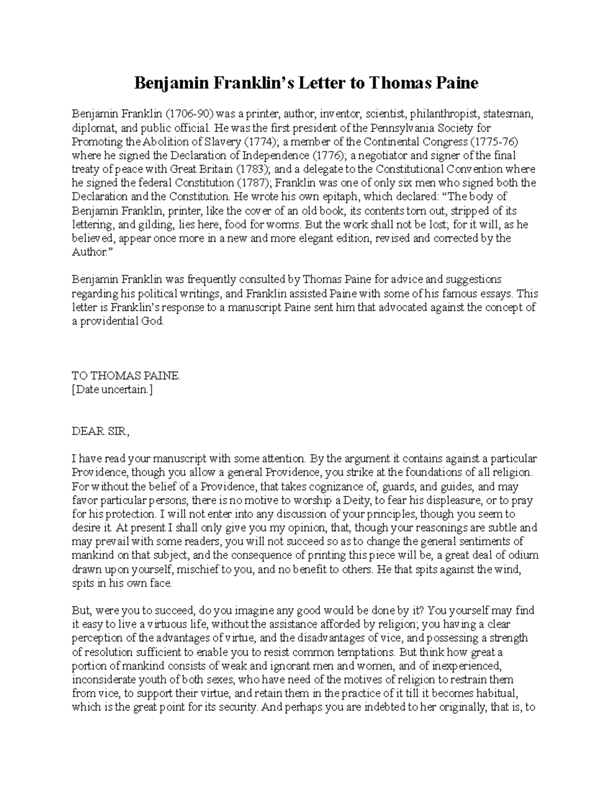 Benjamin Franklin Letter DC LIT - Benjamin Franklin’s Letter to Thomas ...