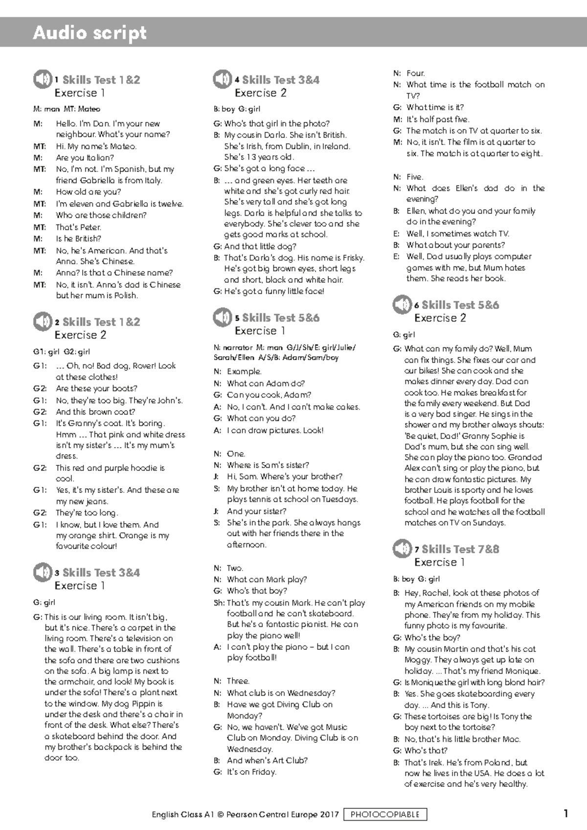 ECA1 Tests Audio script - 1 Audio script English Class A1 © Pearson ...
