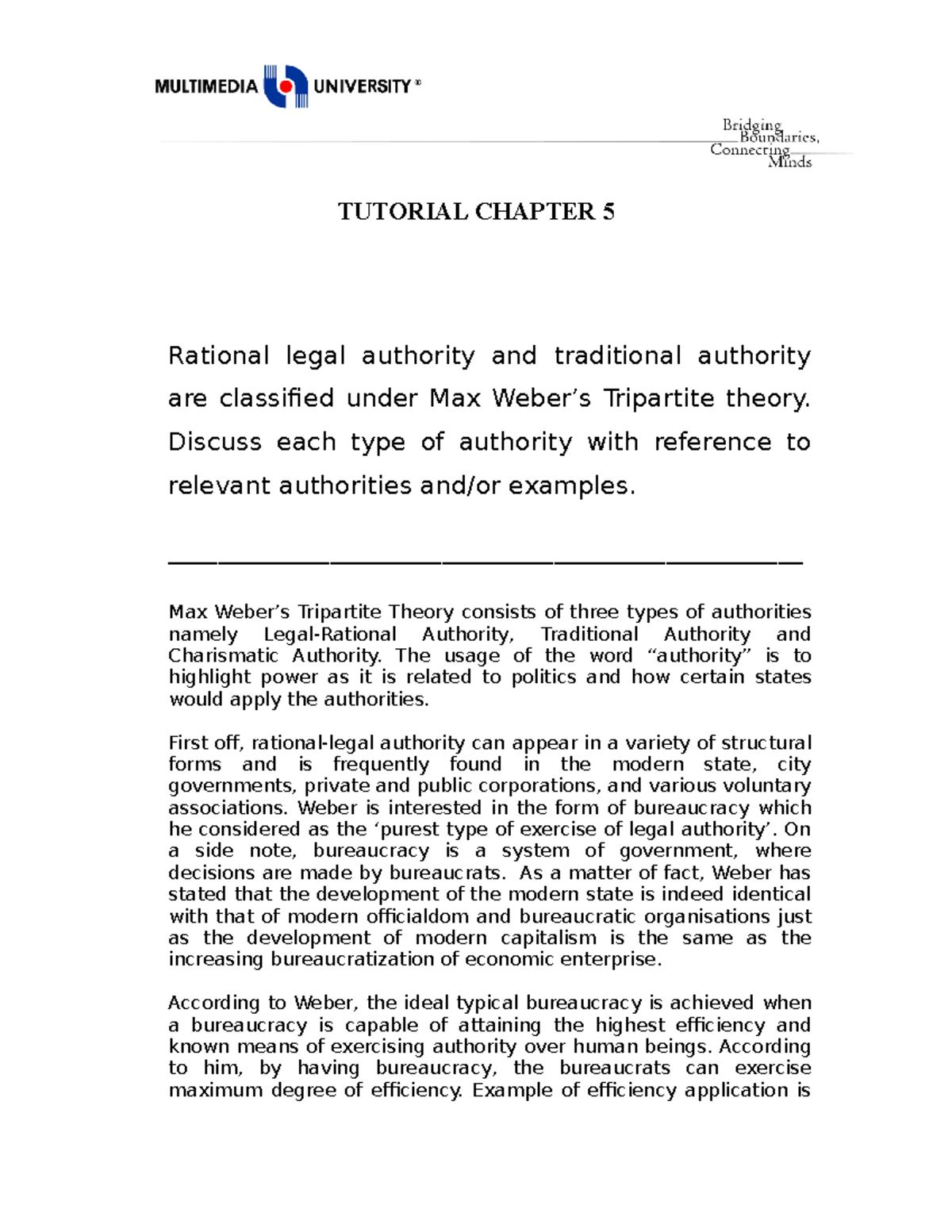 269988 Tutorial Chapter 5 - TUTORIAL CHAPTER 5 Rational legal authority ...