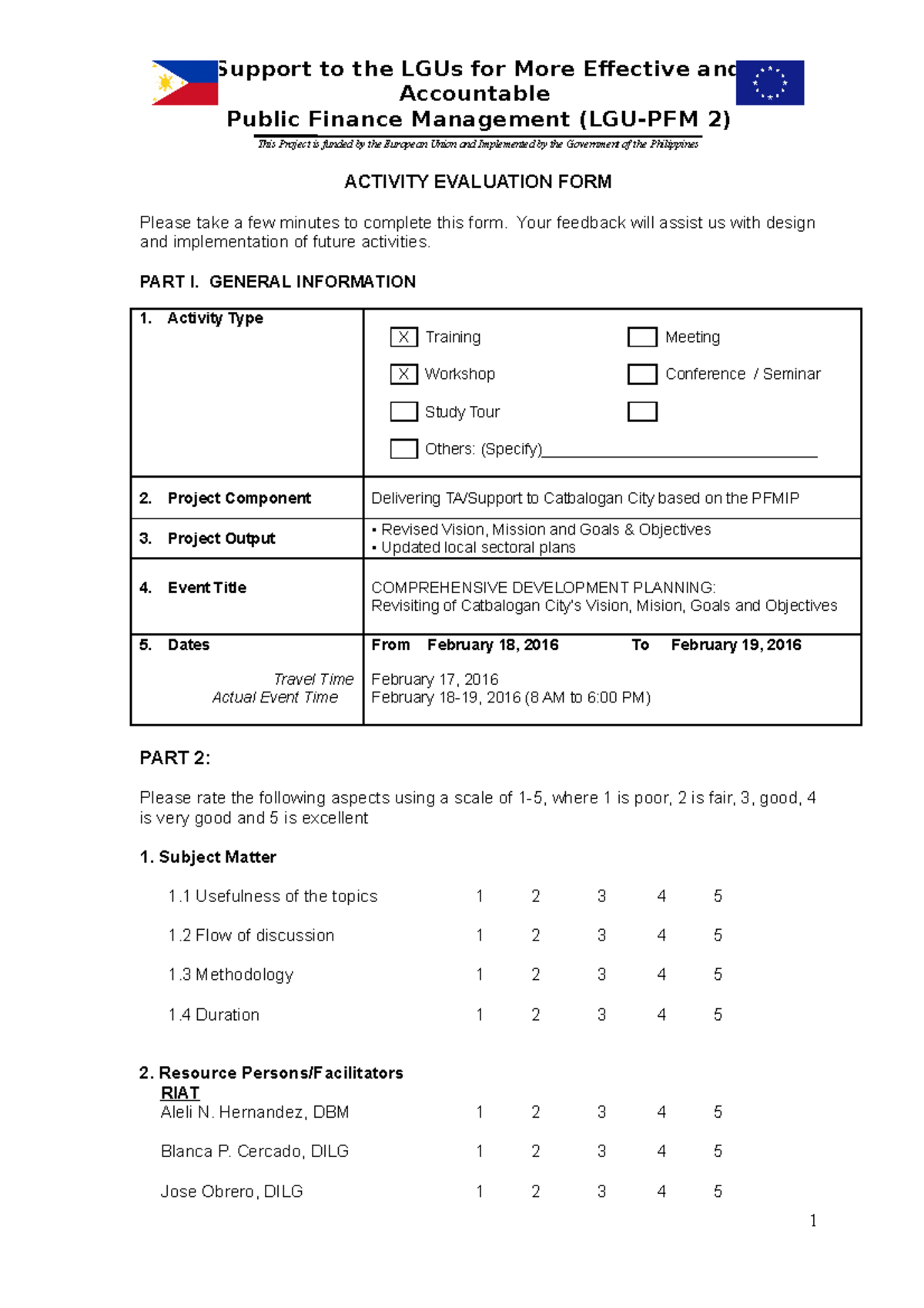 Activity Evaluation Form - Support to the LGUs for More Effective and ...