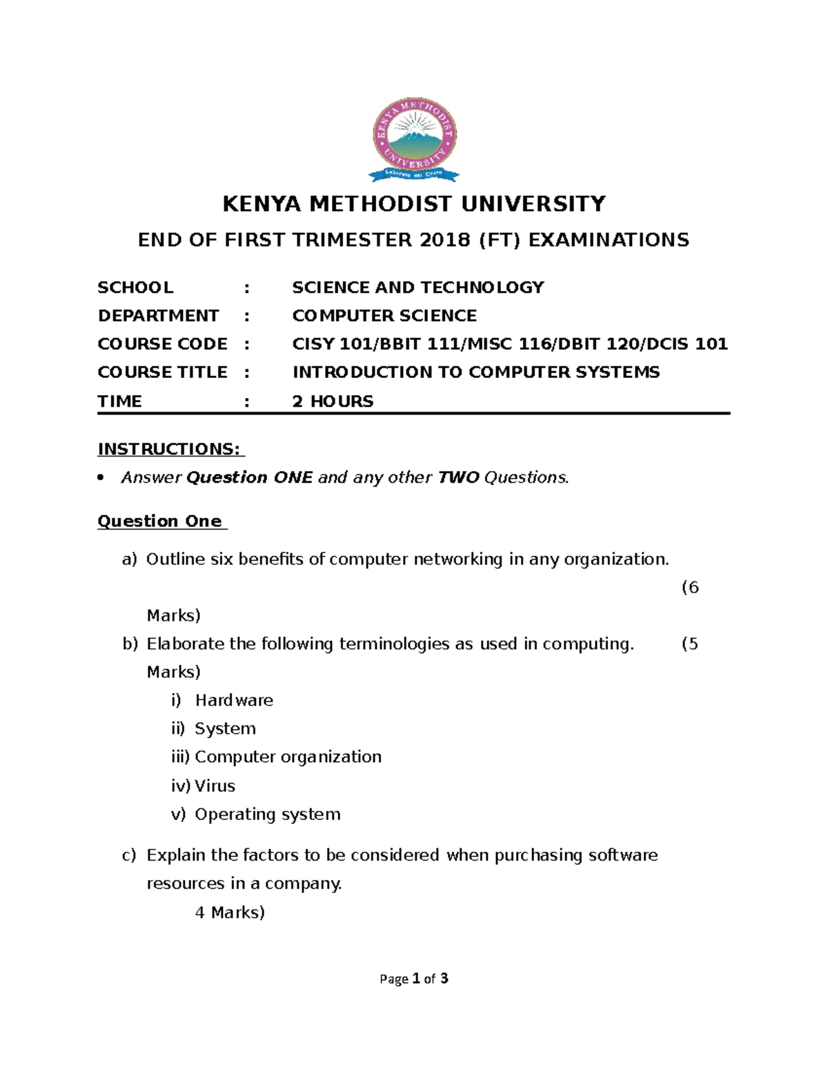 Introduction TO Computer Systems ( BBIT 111)(CISY 101)(MISC 116)(DBIT ...