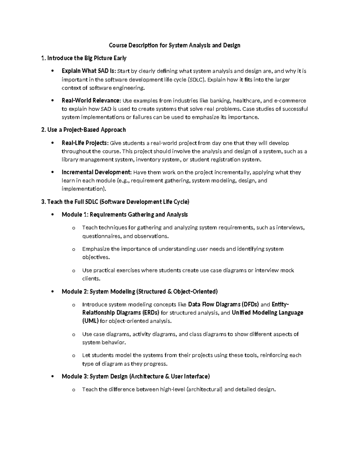 Course Description for System Analysis and Design - Introduce the Big Picture Early Explain What ...