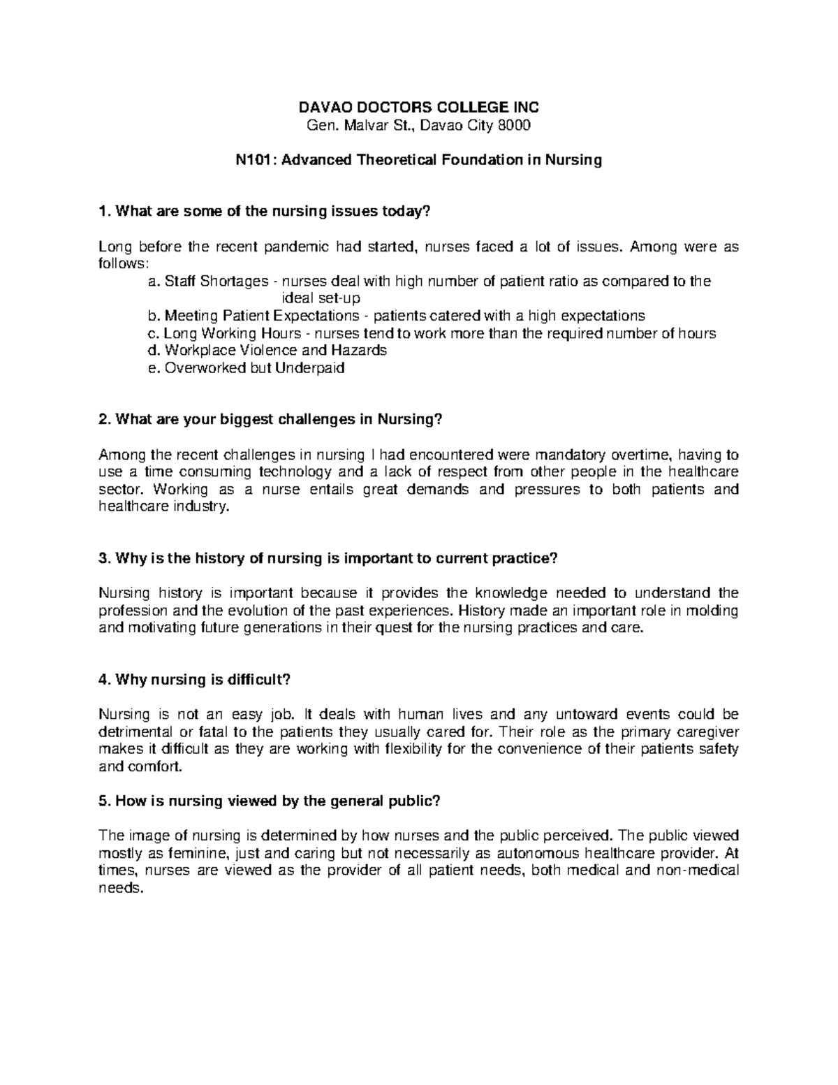 Nursing 101 Assignment Number 1 Theoretical Foundations in Nursing ...