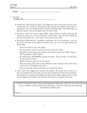 FA11 Exam 1 - Practice Exams - CS 1301 Exam 1 Fall 2011 Name : Grading ...