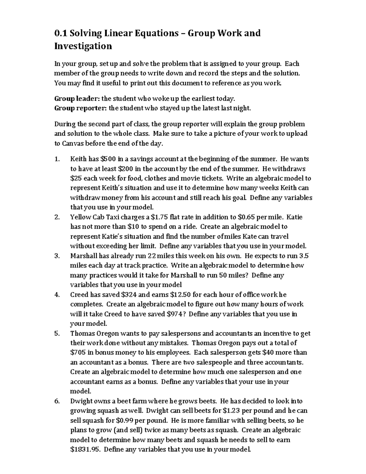 0.1 - Solving Linear Equations Group Questions - 0 Solving Linear ...