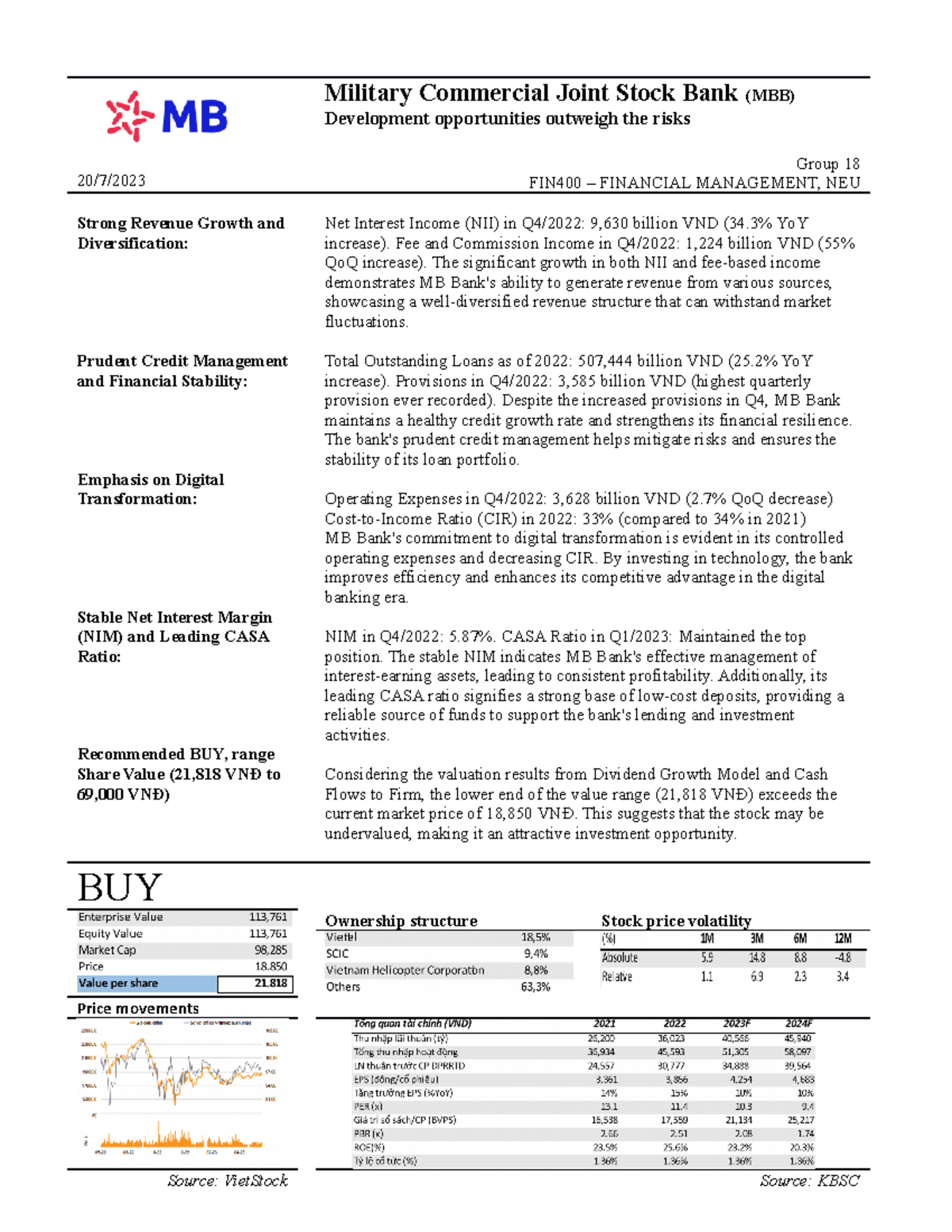 Định giá ngân hàng MBB - 20/7/ Military Commercial Joint Stock Bank (MBB) Development ...