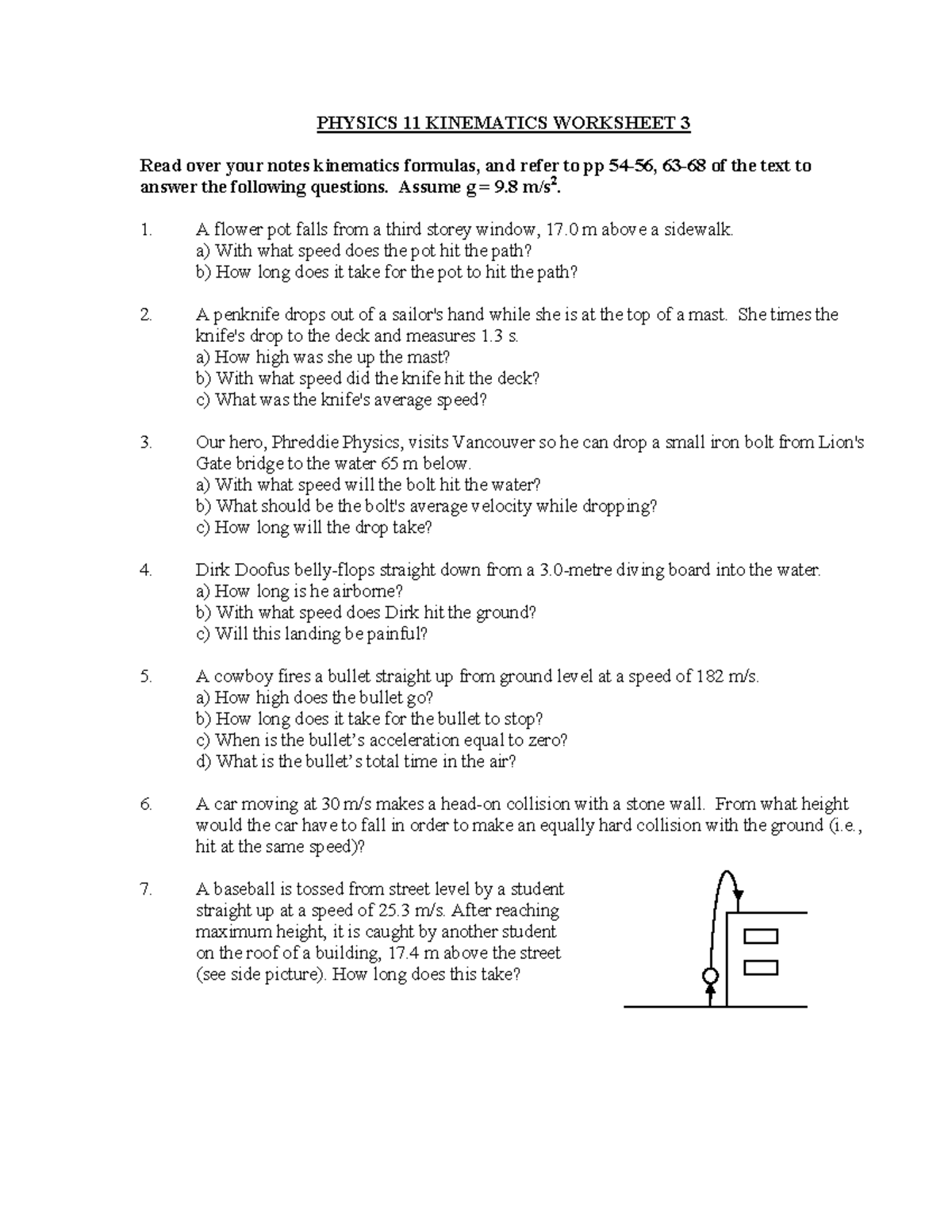 KIN Worksheet 3 0 - lecture notes - PHYSICS 11 KINEMATICS WORKSHEET 3 ...