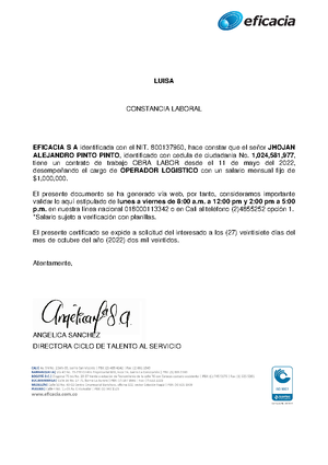 Certificado 23 2022 10 - mmmmmm - LUISA CONSTANCIA LABORAL EFICACIA S A identificada con el NIT ...