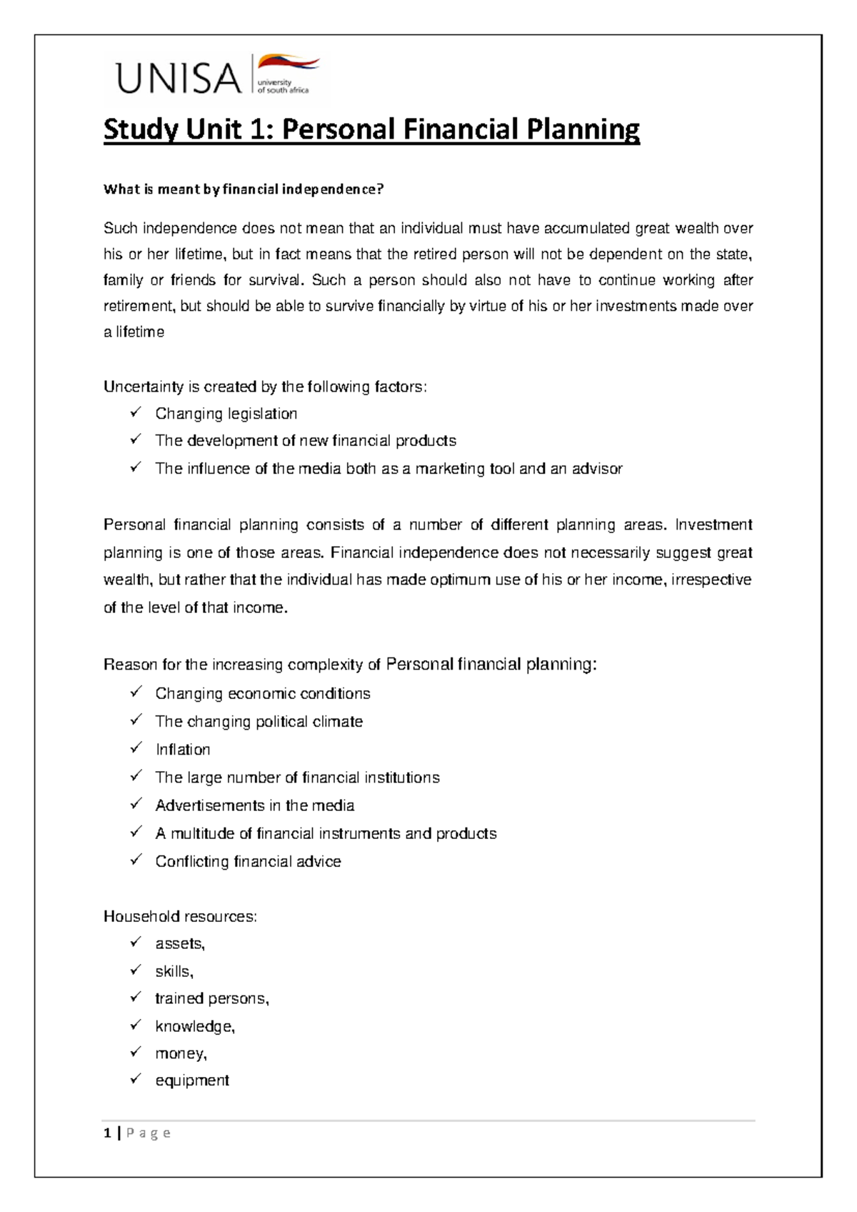 FIN 2602 Unit 1 - 4 Notes - Unit 1-4 note - Study Unit 1: Personal ...