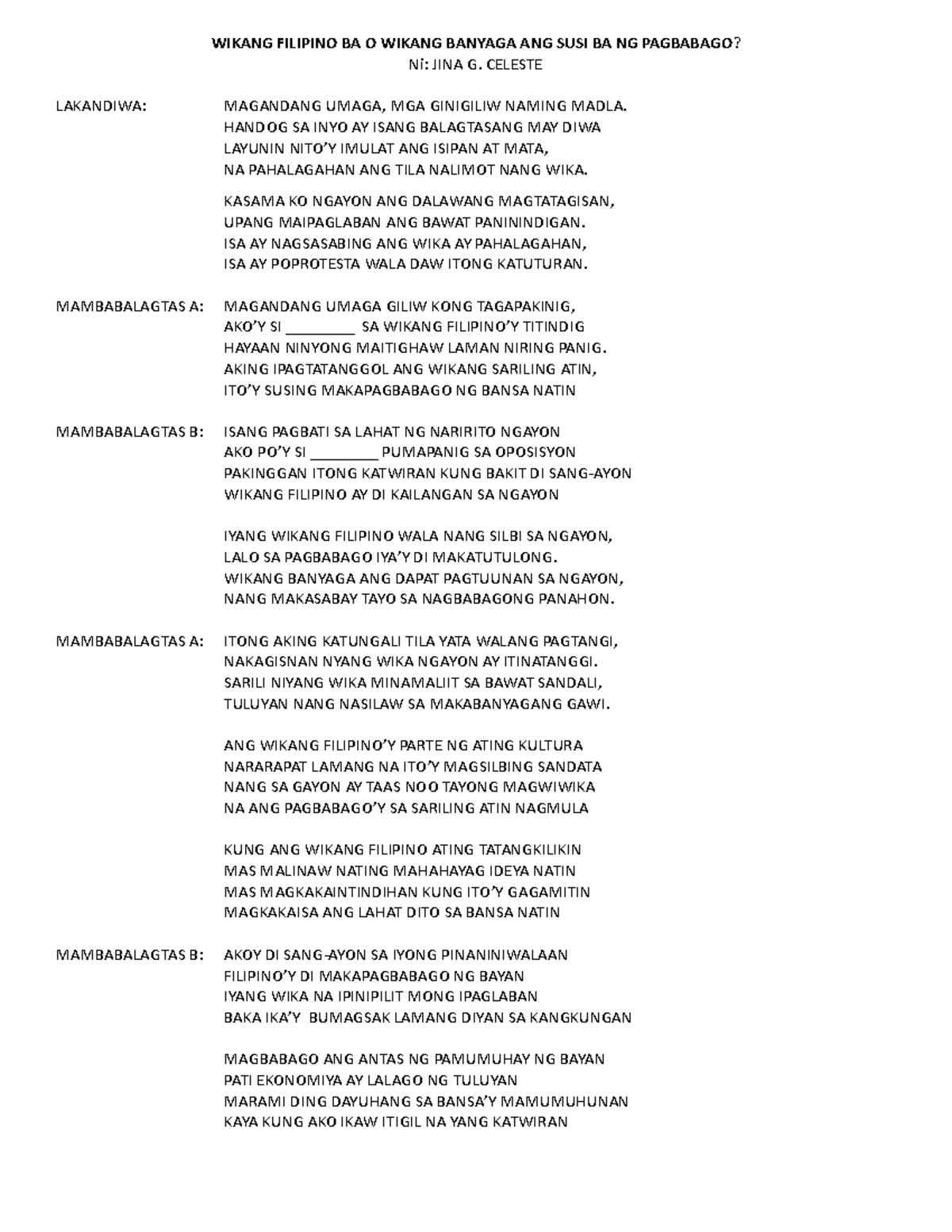 437804953-BALAGTASAN.docx - WIKANG FILIPINO BA O WIKANG BANYAGA ANG ...