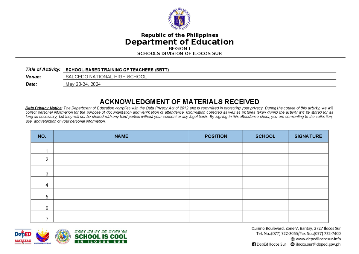 Acknowledgment Sheet SBTT Matatag - Republic of the Philippines ...